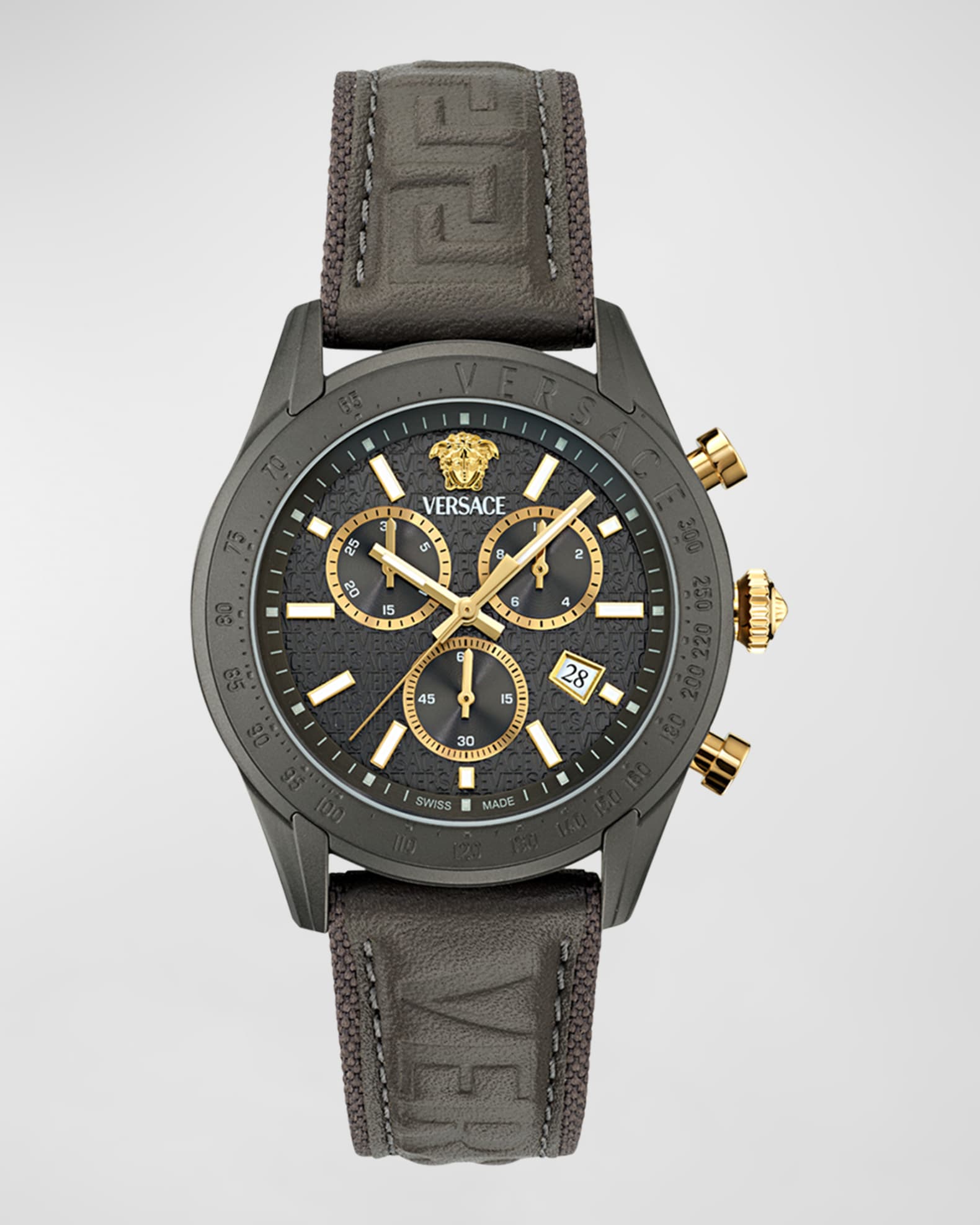 Versace Men's Chrono Master IP Gunmetal Leather-Strap Watch, 44mm ...