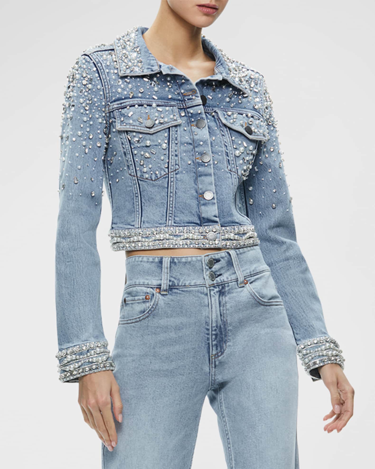 Alice + Olivia Nelson Embellished Fitted Denim Jacket | Neiman Marcus