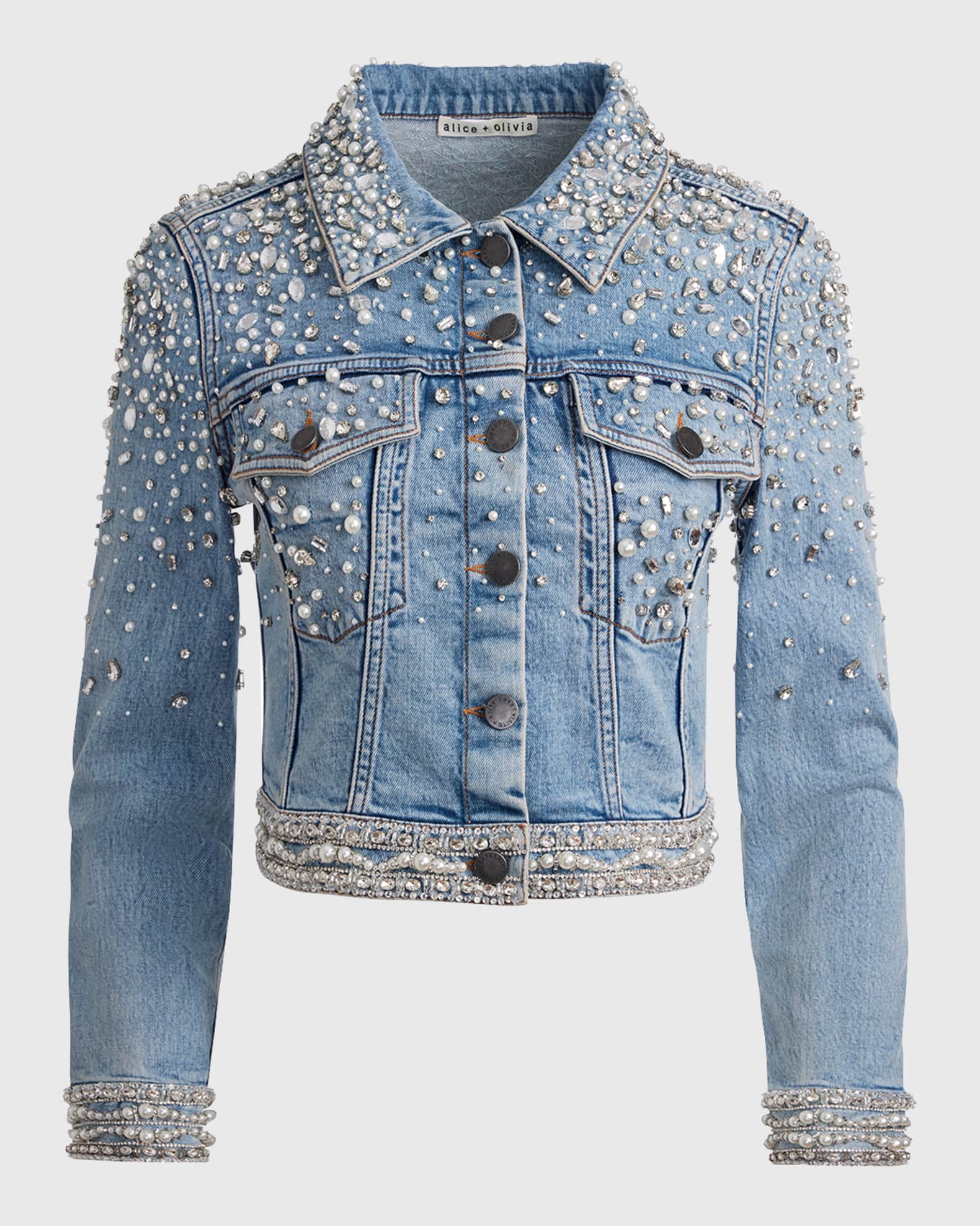 Alice + Olivia Nelson Embellished Fitted Denim Jacket | Neiman Marcus