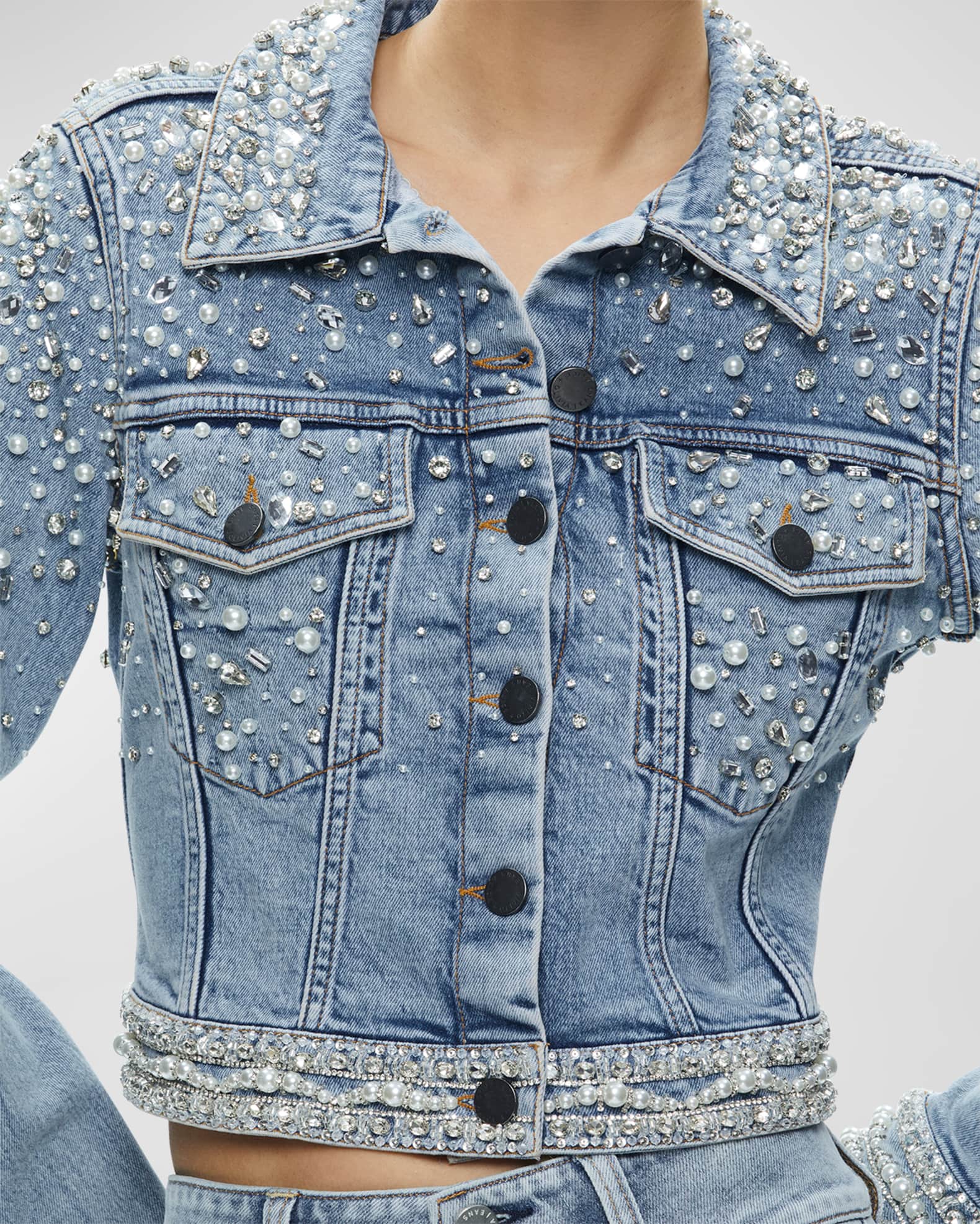 Alice + Olivia Nelson Embellished Fitted Denim Jacket | Neiman Marcus