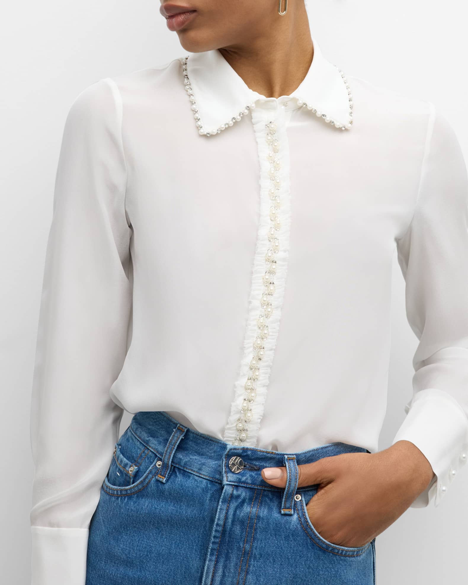 Alice + Olivia Willa Embellished Silk Placket Top | Neiman Marcus