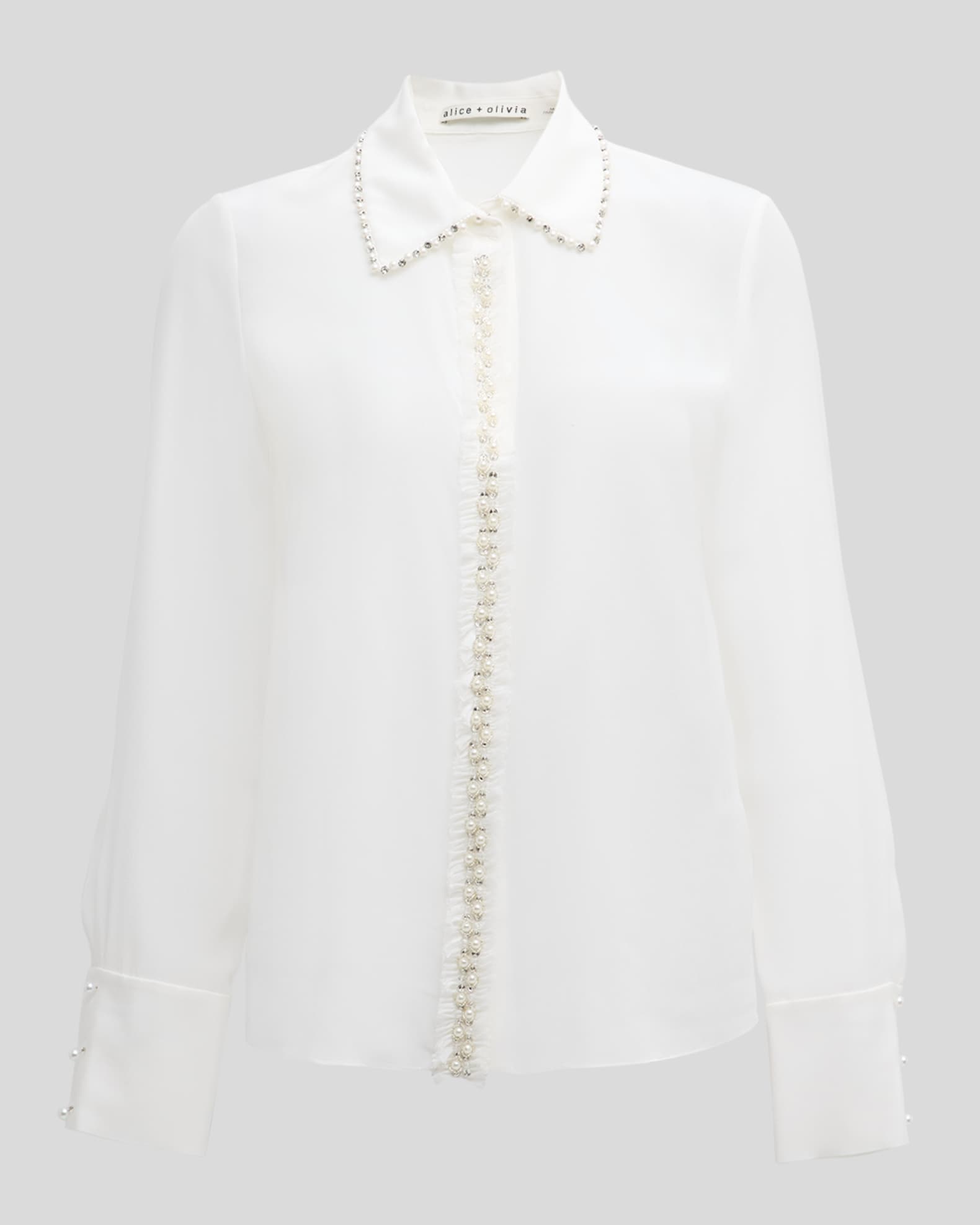 Alice + Olivia Willa Embellished Silk Placket Top | Neiman Marcus