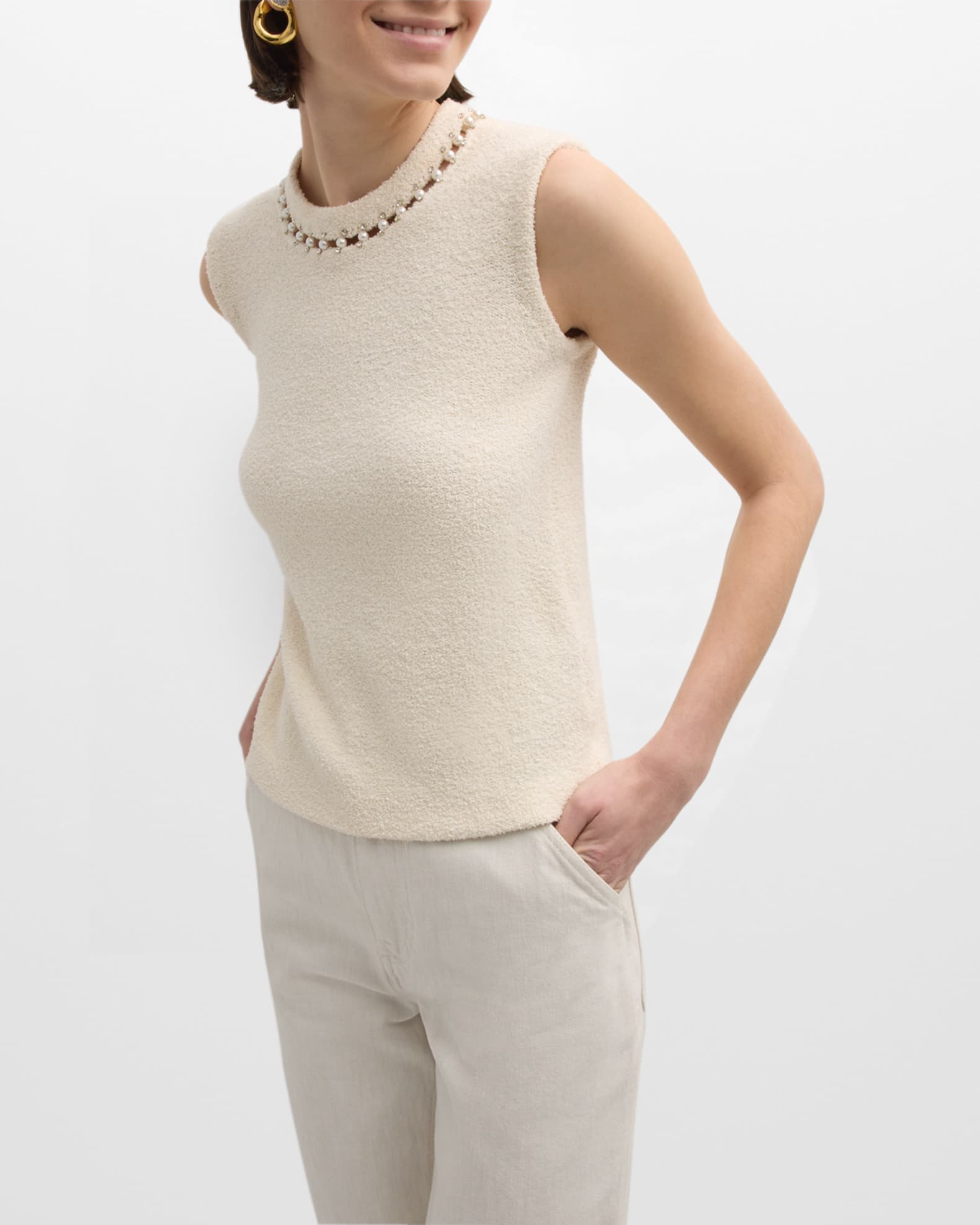 St. John Embellished Micro Boucle Stretch Knit Sleeveless Sweater ...