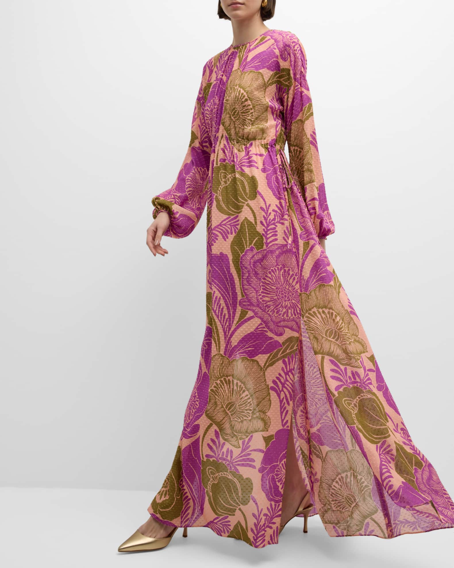 St. John California Poppies-Print Long-Sleeve Metallic Fils Coupes Maxi ...