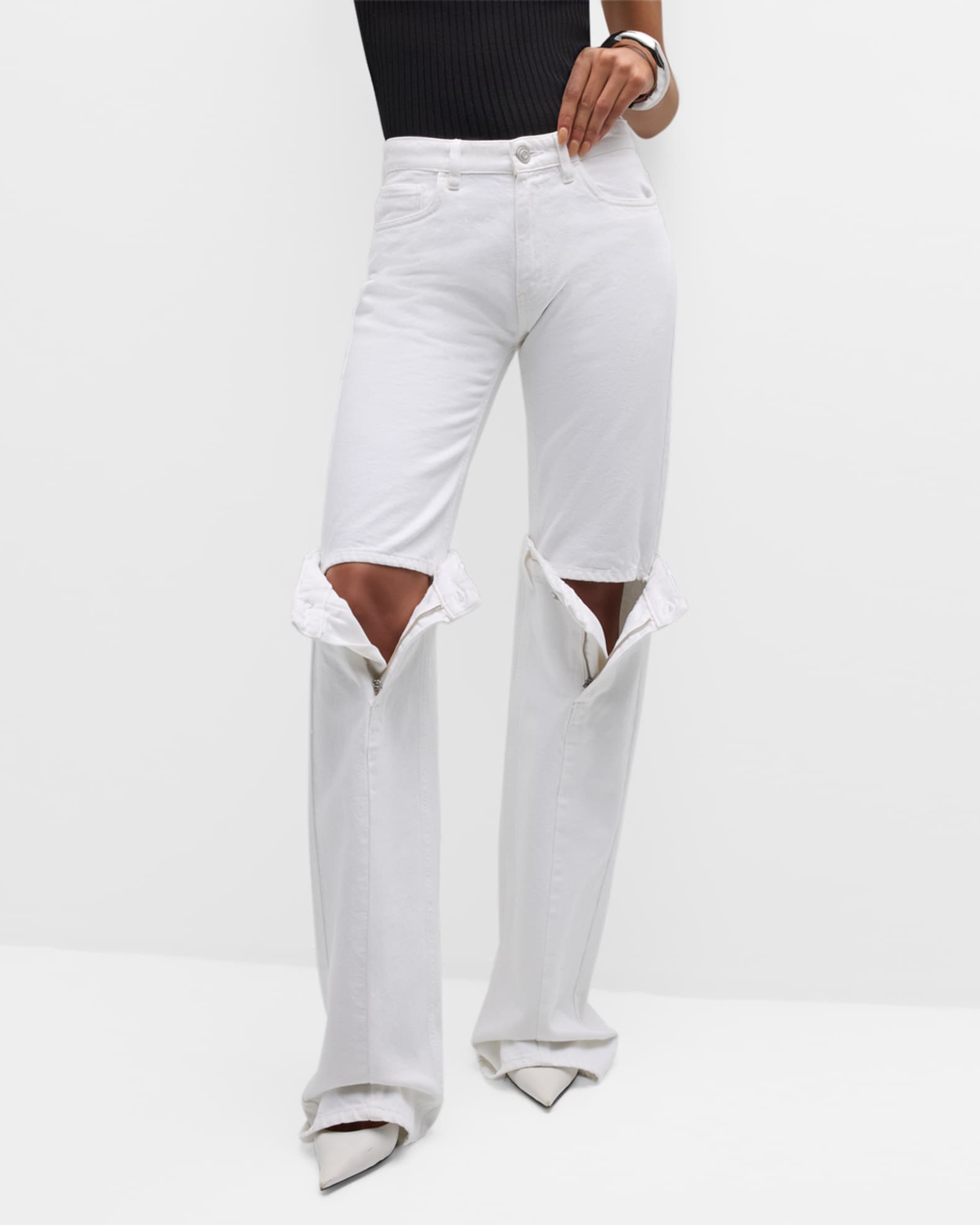 Coperni High-Rise Open Knee Flared Jeans | Neiman Marcus