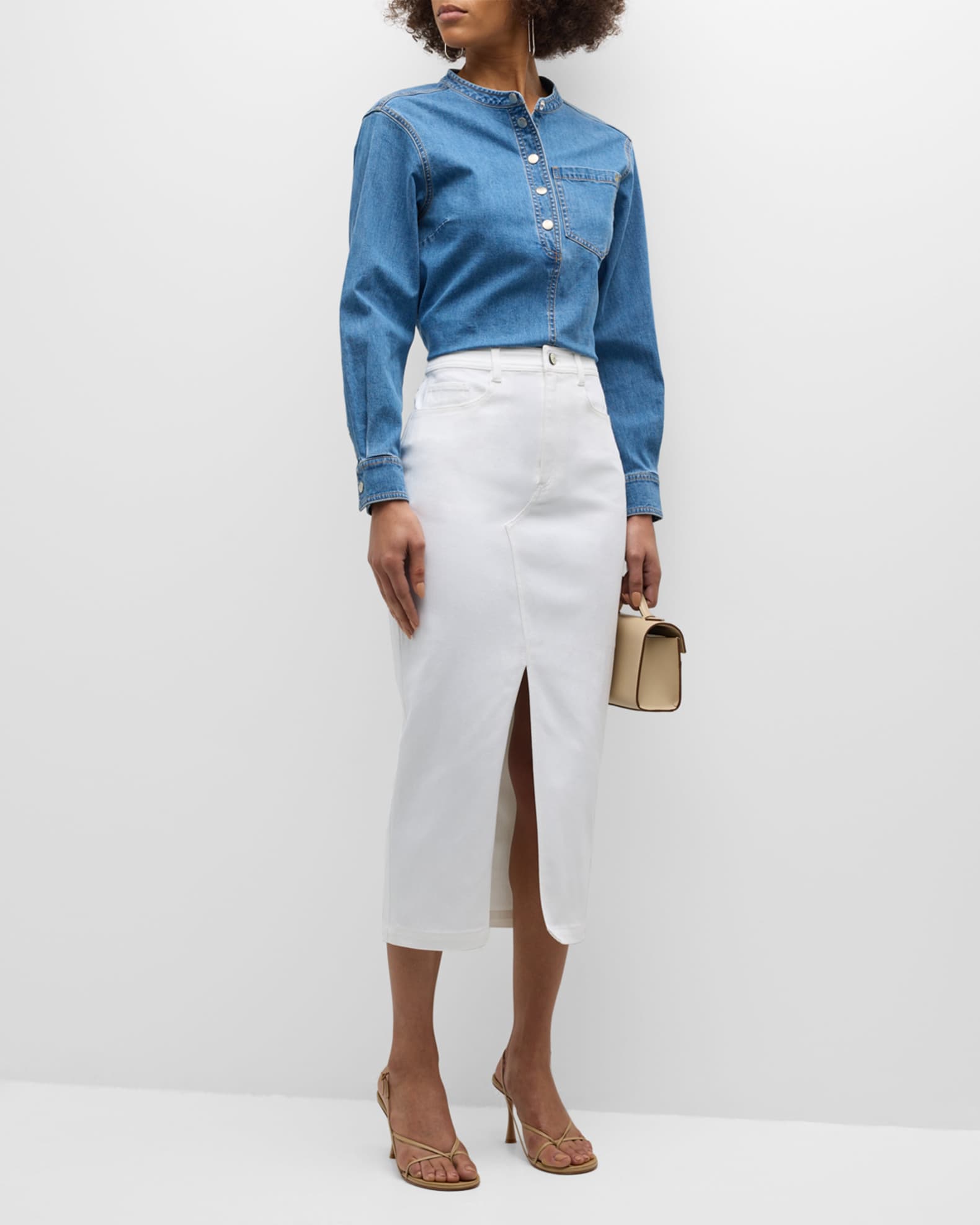 Cinq a Sept Axel Long-Sleeve Topstitched Denim Top | Neiman Marcus