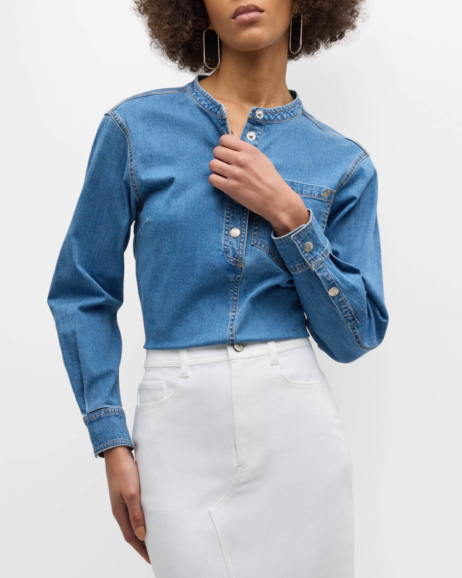 Cinq a Sept Axel Long-Sleeve Topstitched Denim Top | Neiman Marcus