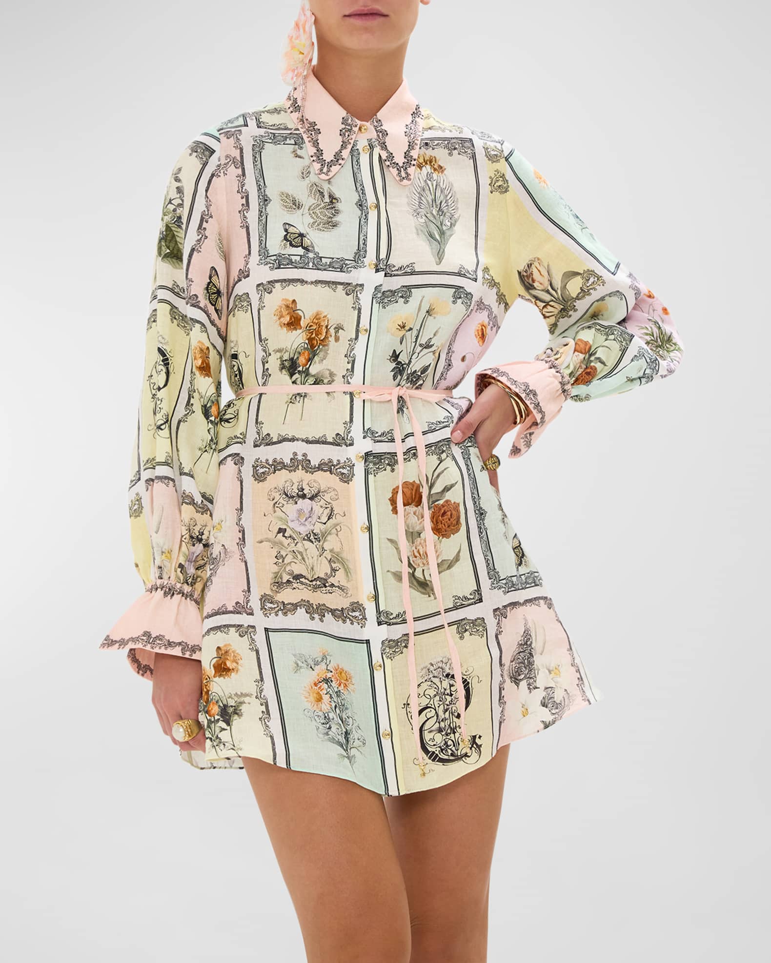 Camilla Floral Postcard-Print Linen Mini Shift Dress | Neiman Marcus