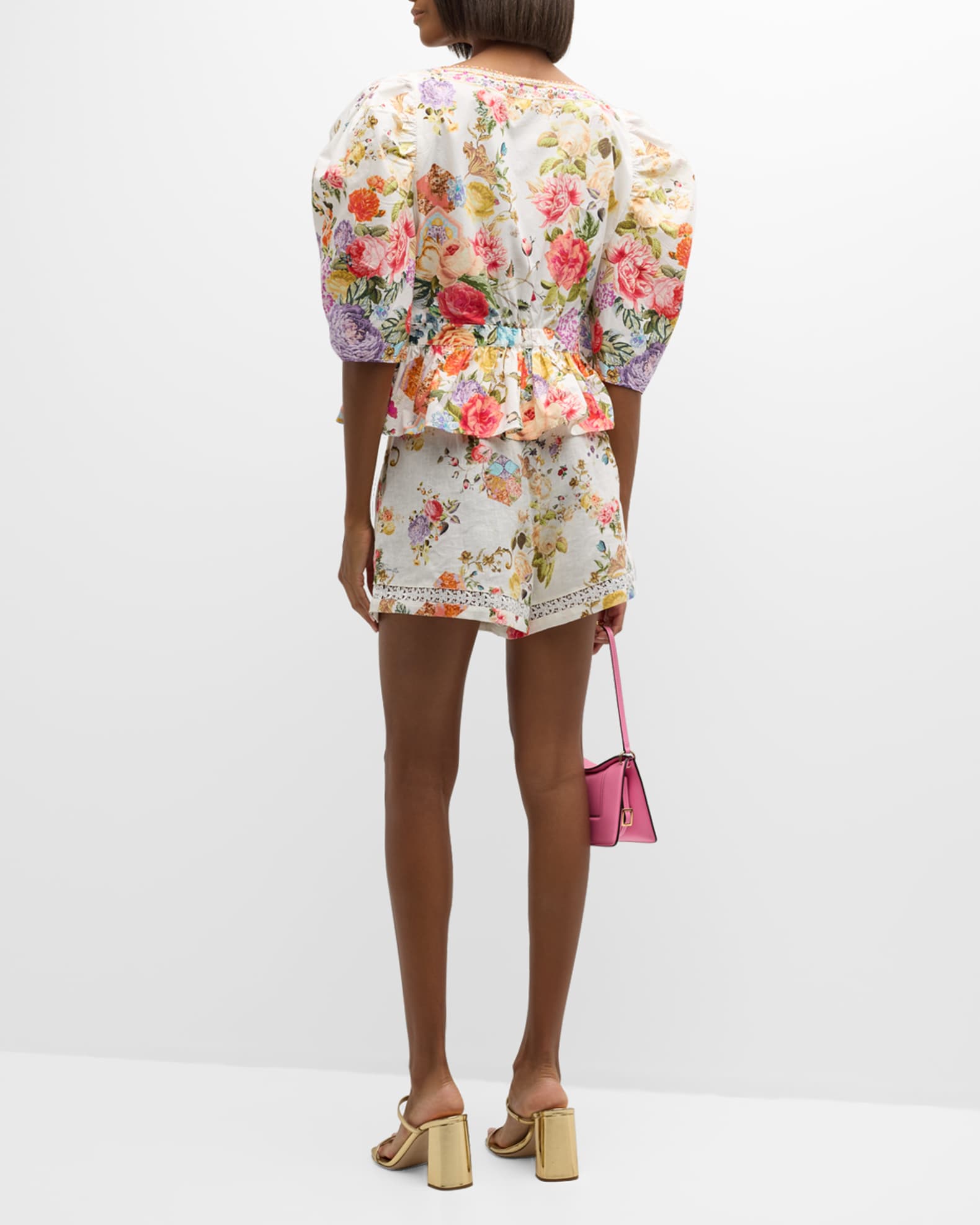 Camilla High-Waist Floral Linen Lace-Trim Shorts | Neiman Marcus