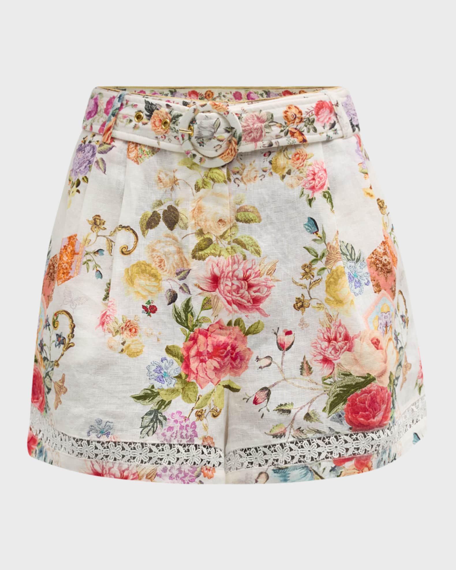 Camilla High-Waist Floral Linen Lace-Trim Shorts | Neiman Marcus