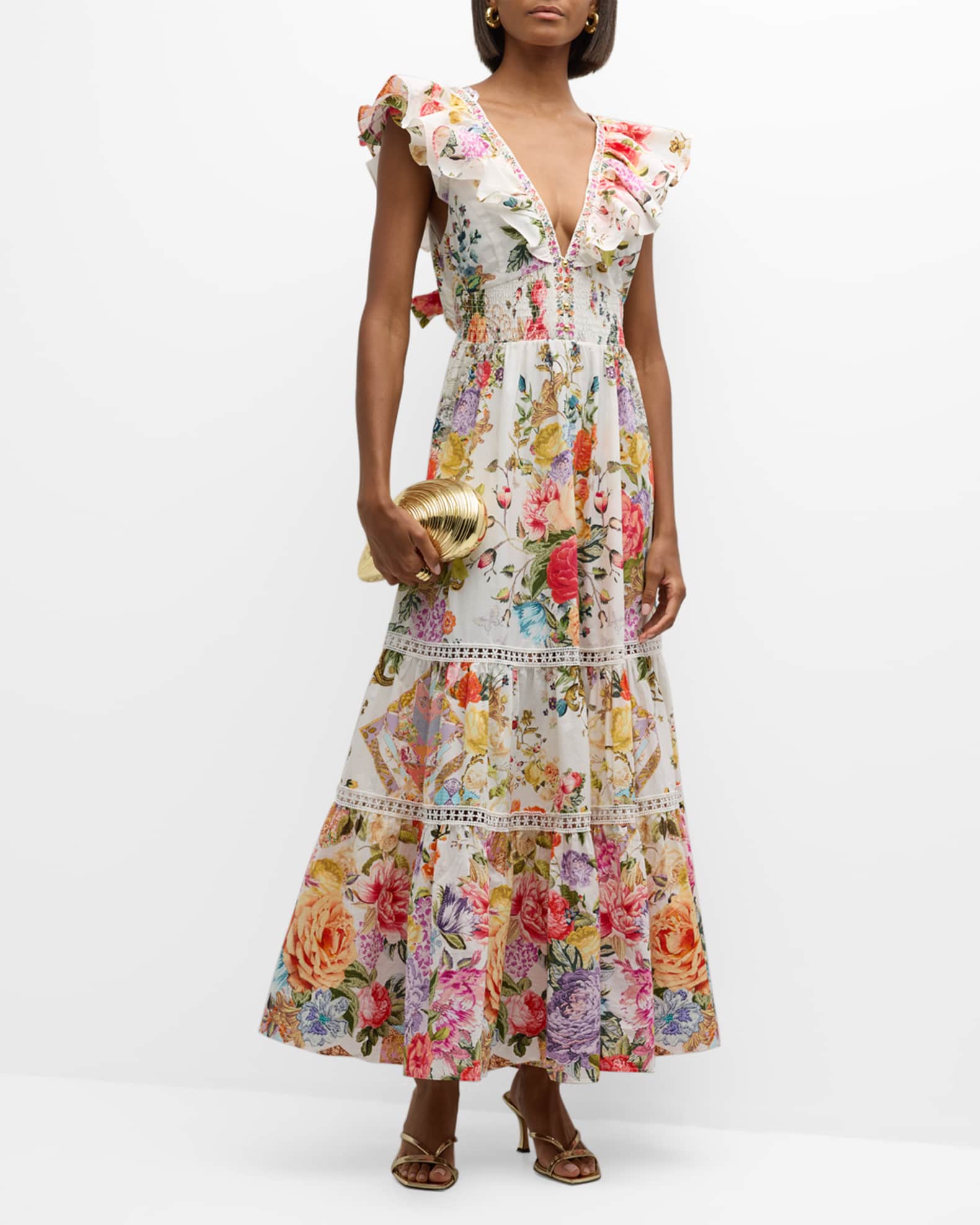 Camilla Tiered Cotton Maxi Dress with Neck Frill | Neiman Marcus