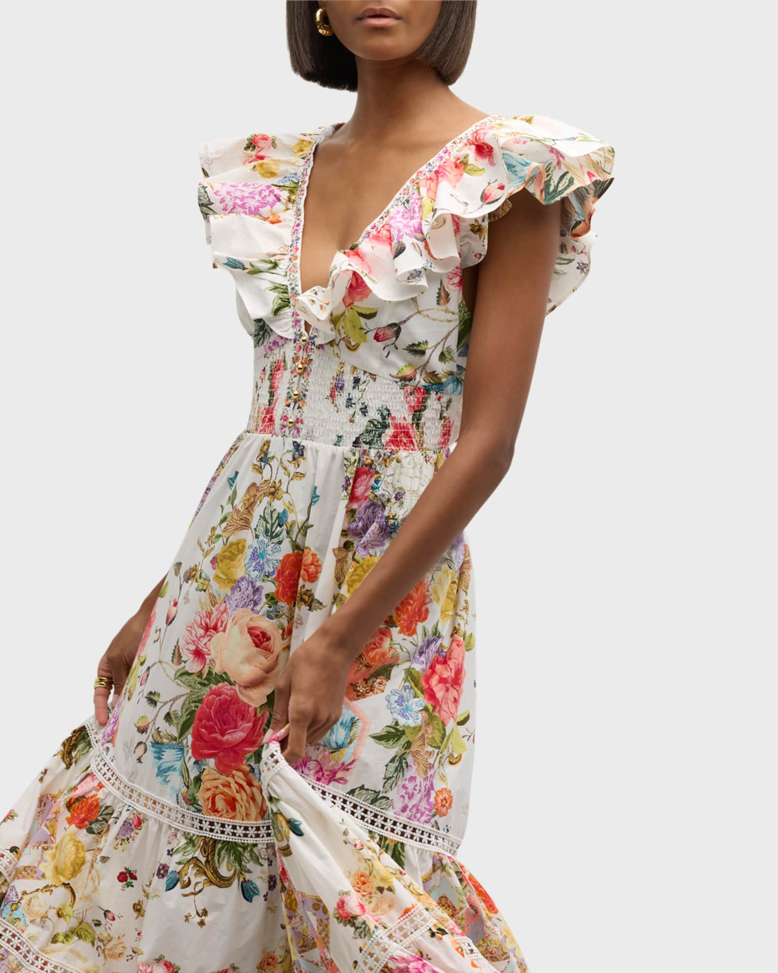 Camilla Tiered Cotton Maxi Dress with Neck Frill | Neiman Marcus