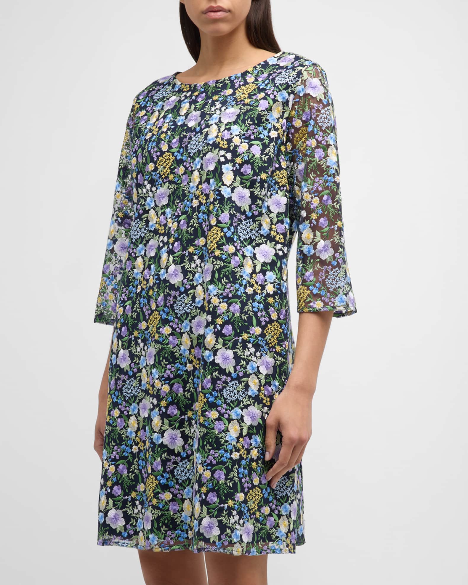 Caroline Rose Flower Basket Floral-Embroidered Shift Dress | Neiman Marcus