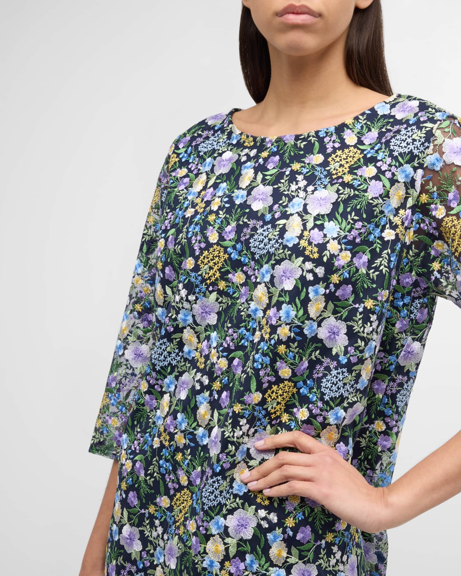 Caroline Rose Flower Basket Floral-Embroidered Shift Dress | Neiman Marcus