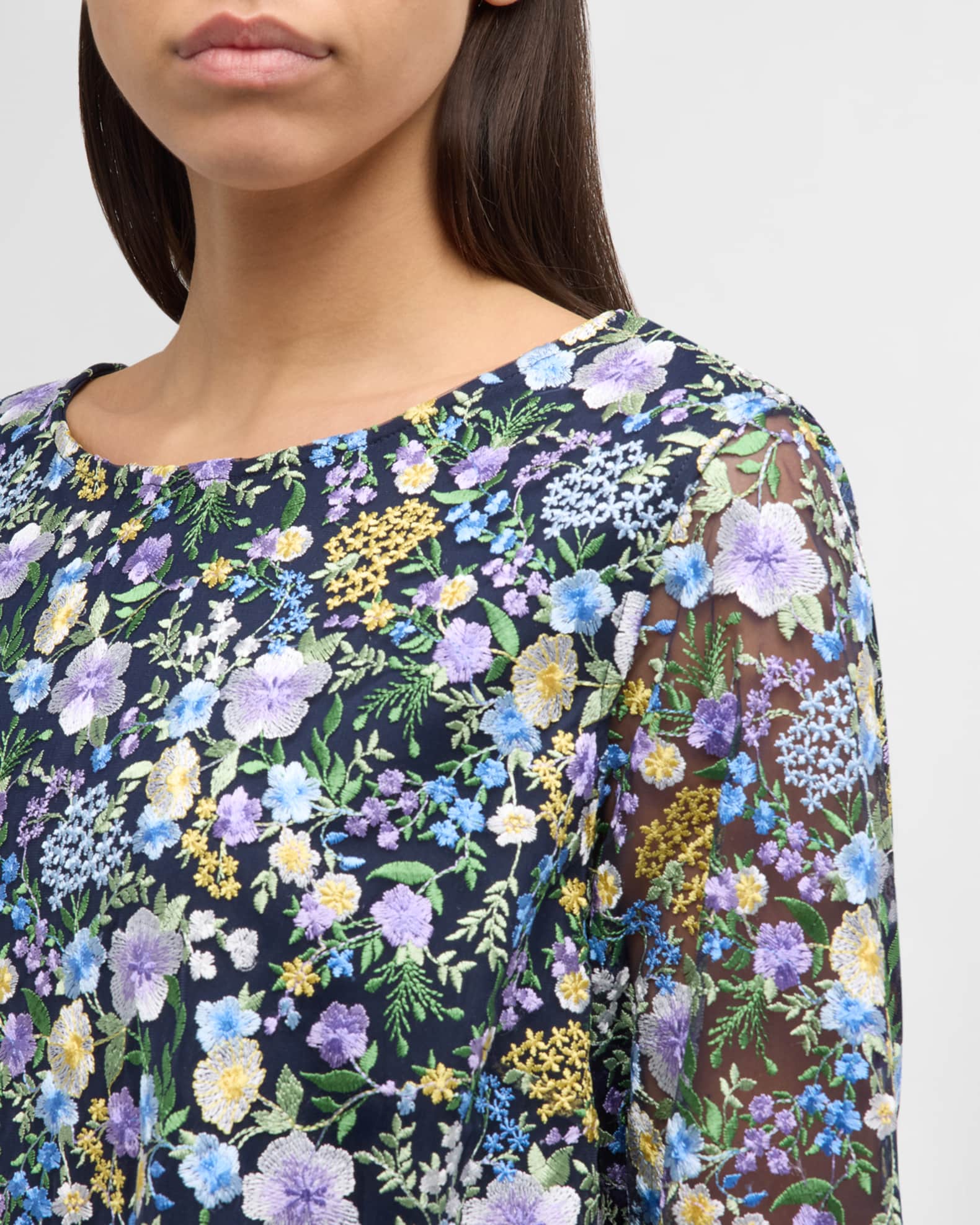 Caroline Rose Flower Basket Floral-Embroidered Shift Dress | Neiman Marcus