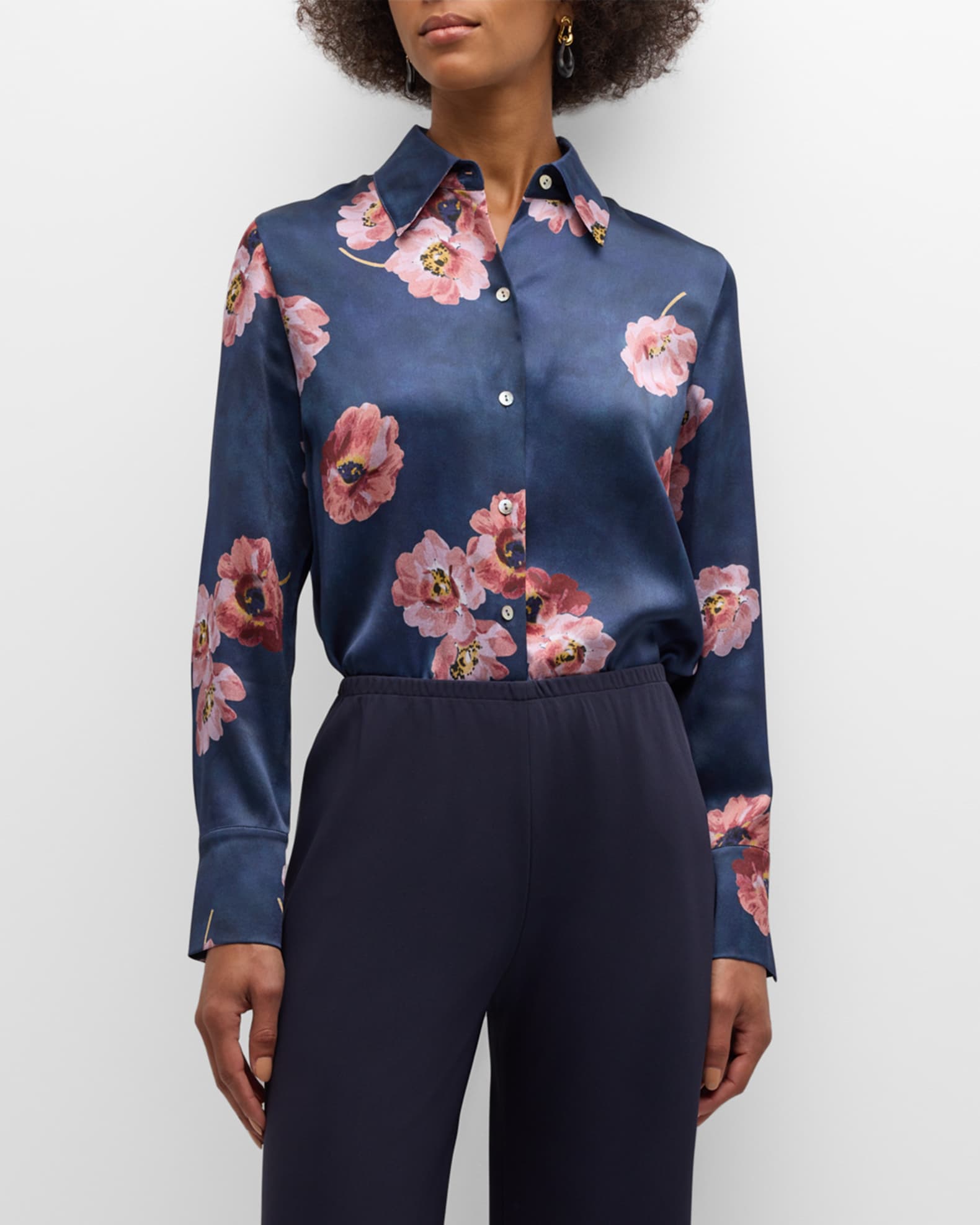 Vince Painted Poppy Long-Sleeve Silk Blouse | Neiman Marcus