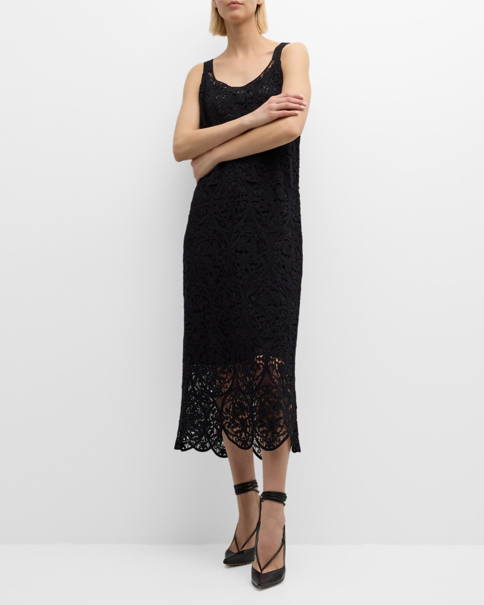 Marina Rinaldi Riber Scalloped Embroidered Midi Dress | Neiman Marcus