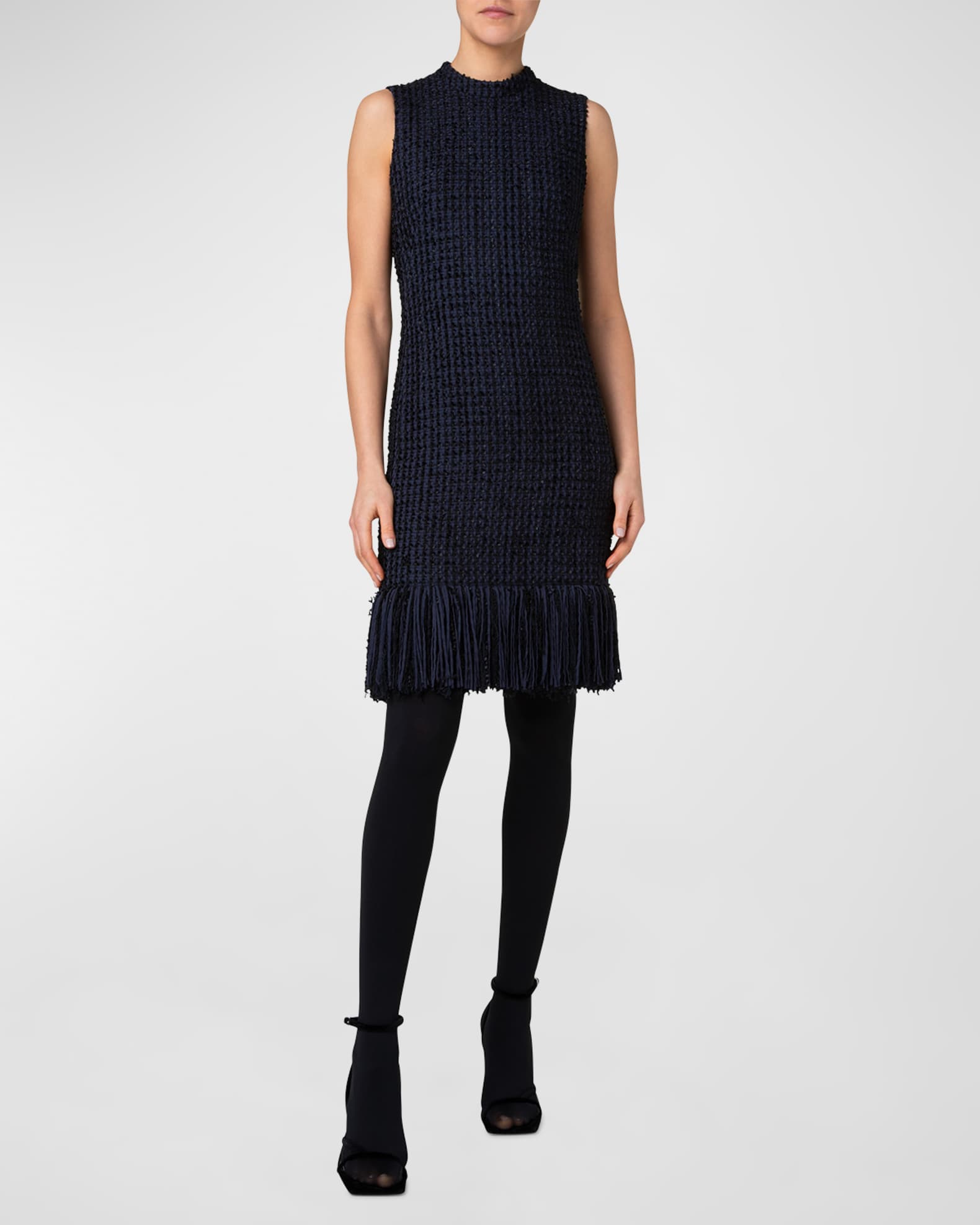 Akris punto Chunky Tweed Sheath Dress with Fringed Hem | Neiman Marcus