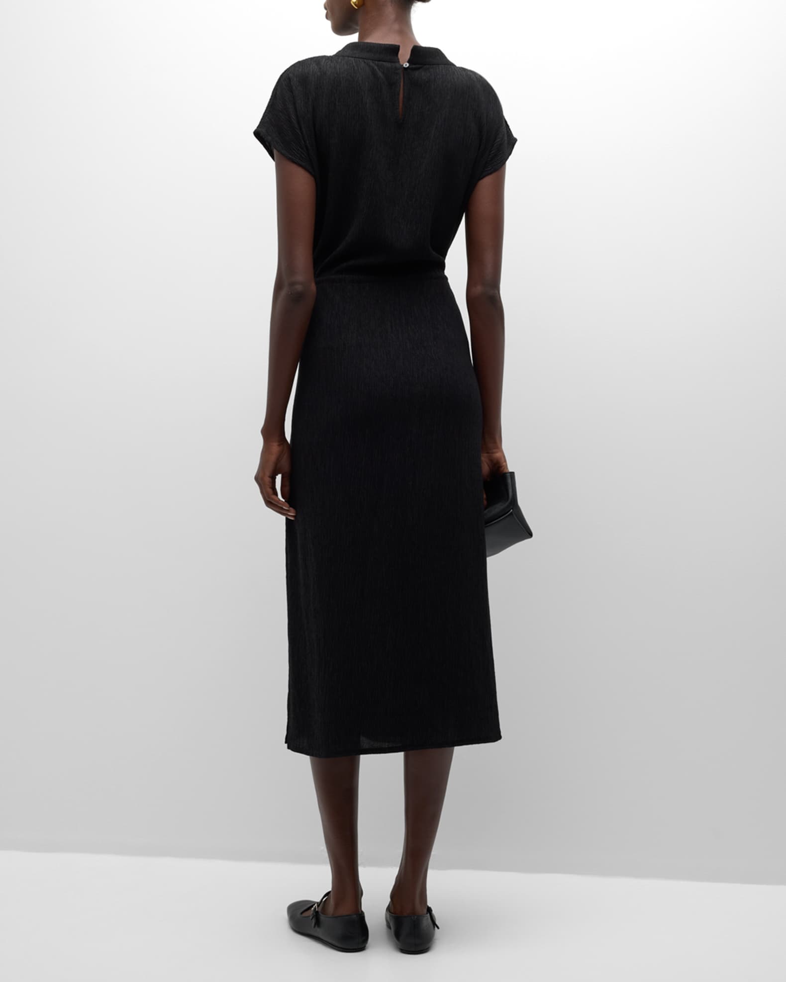 Eileen Fisher Crinkled Funnel-Neck Midi Dress | Neiman Marcus