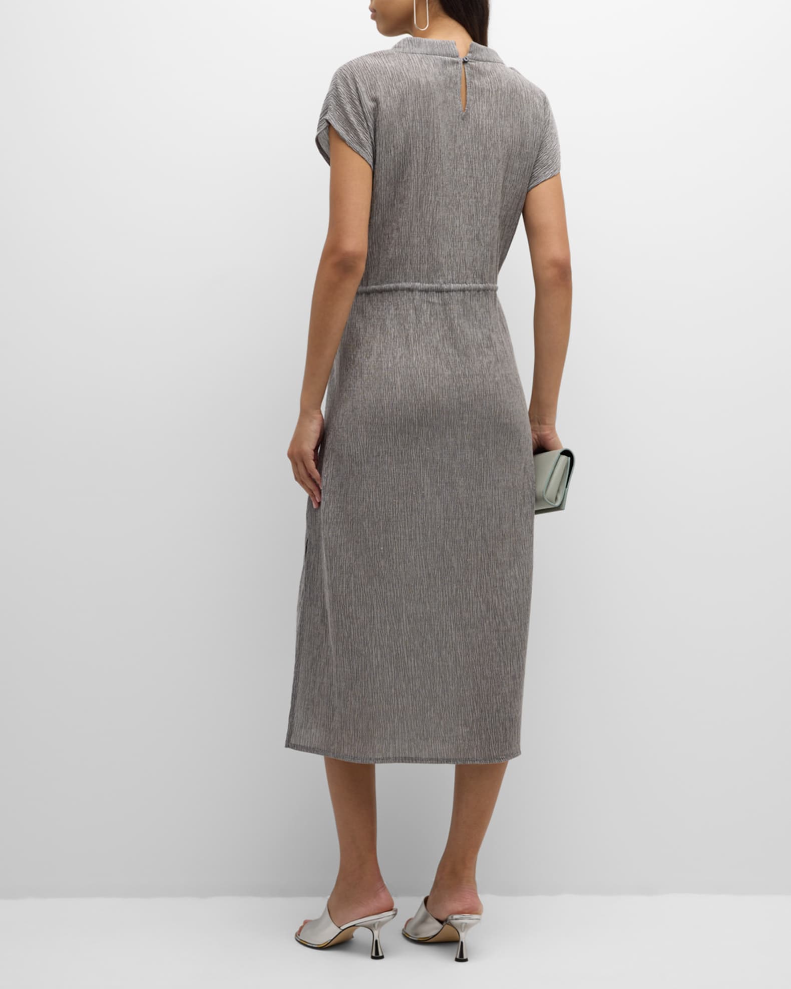 Eileen Fisher Crinkled Funnel-Neck Midi Dress | Neiman Marcus