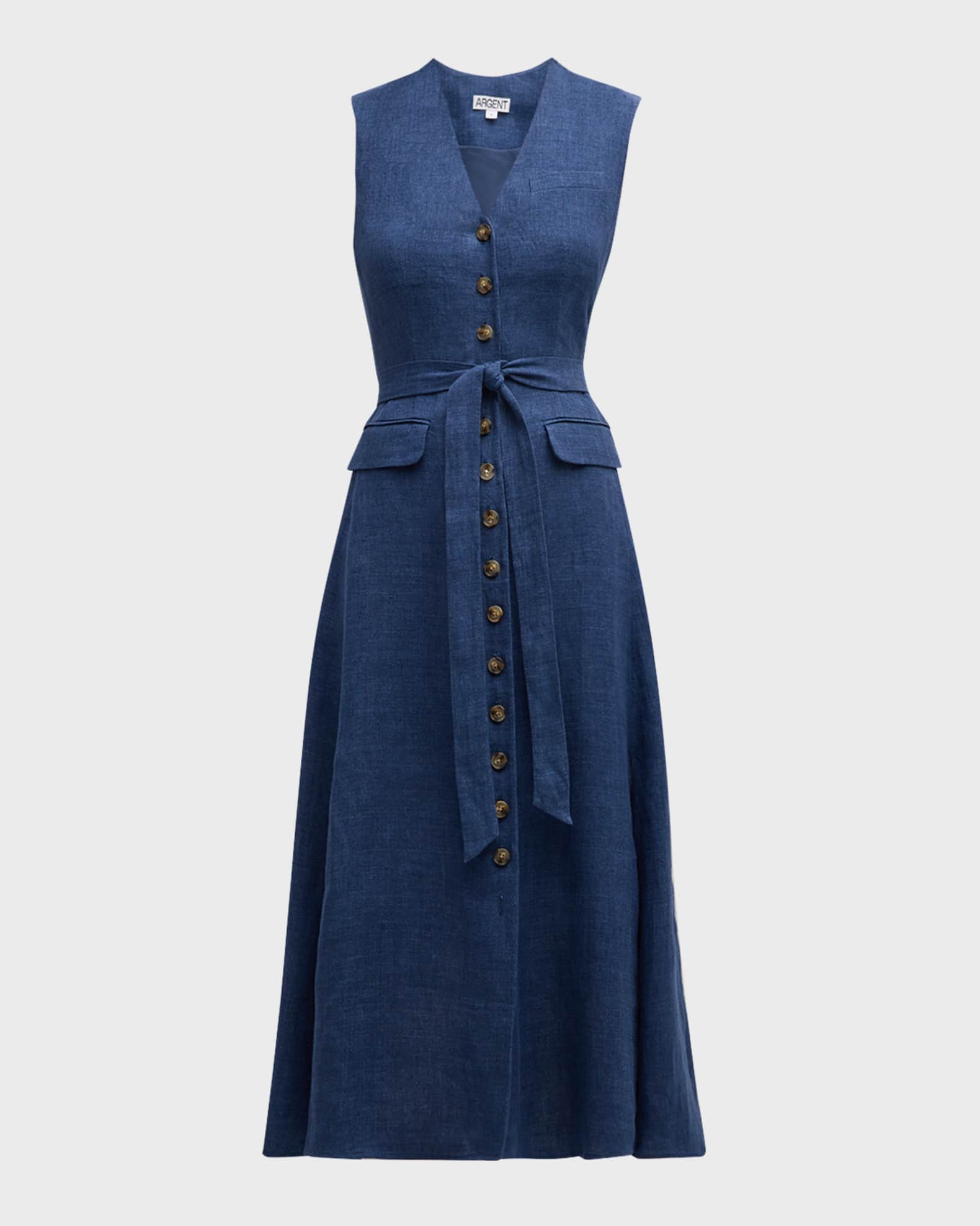 ARGENT Button-Down Linen-Denim Midi Vest Dress | Neiman Marcus