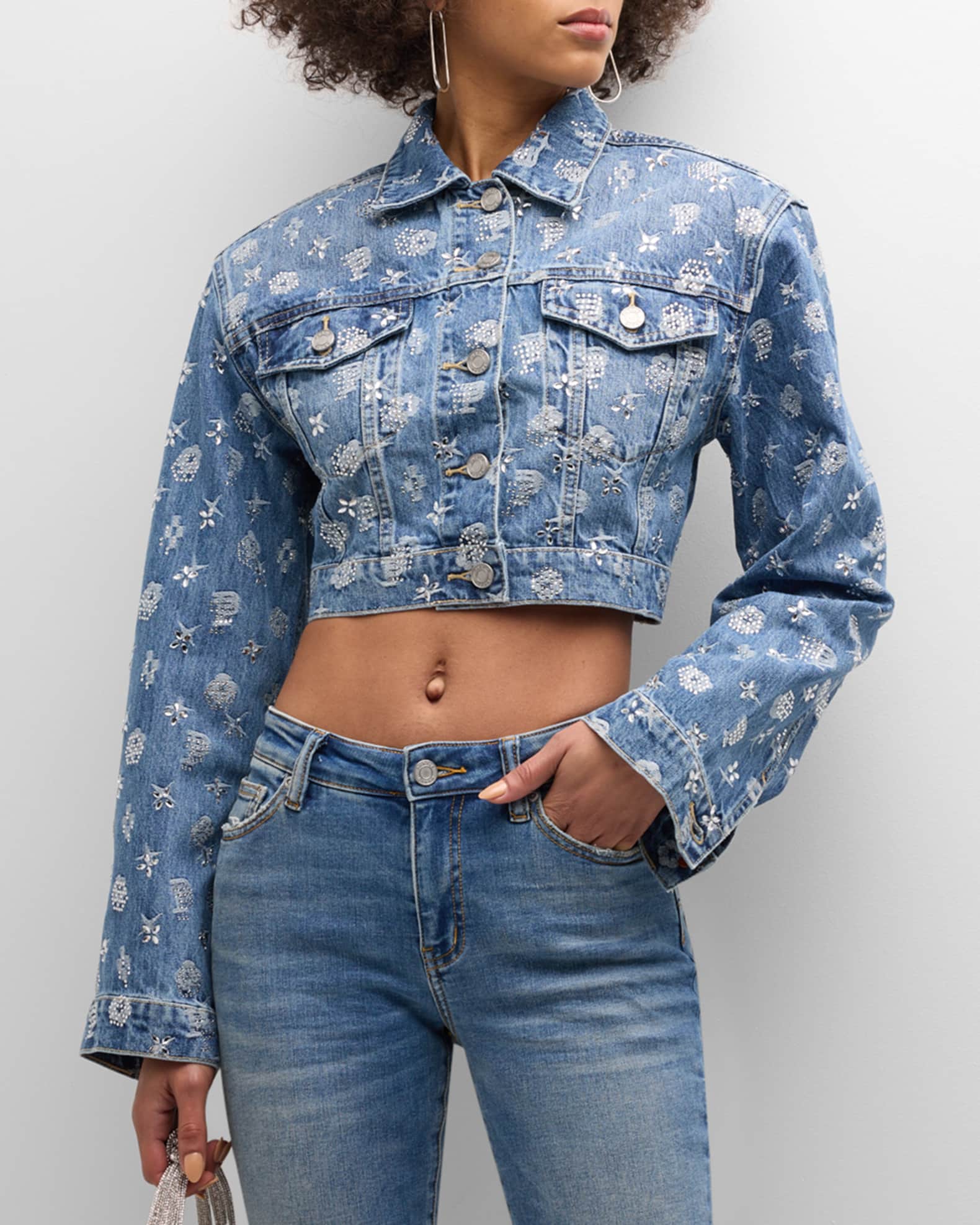 PURPLE Cropped Mono Bling Denim Jacket | Neiman Marcus