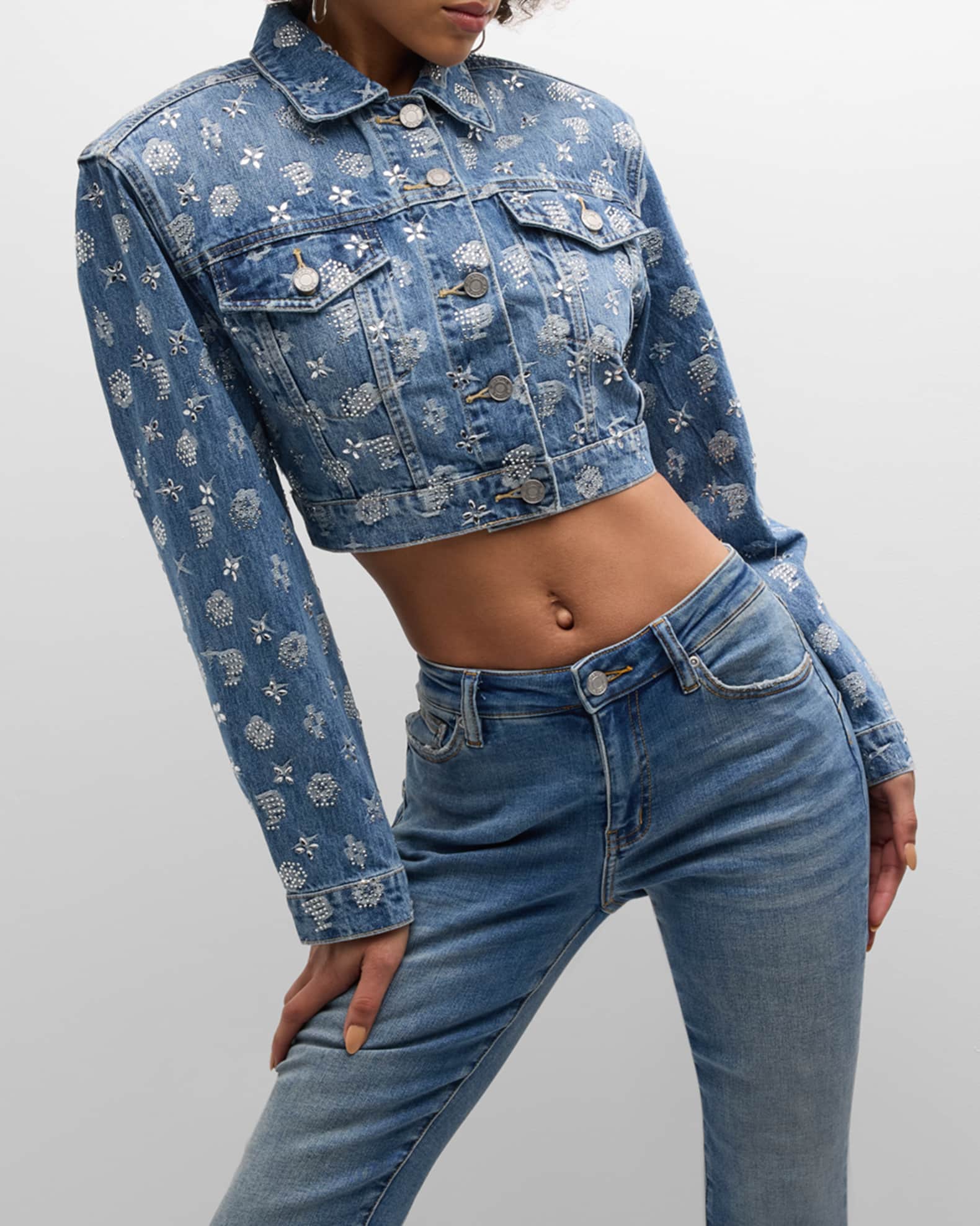 PURPLE Cropped Mono Bling Denim Jacket | Neiman Marcus