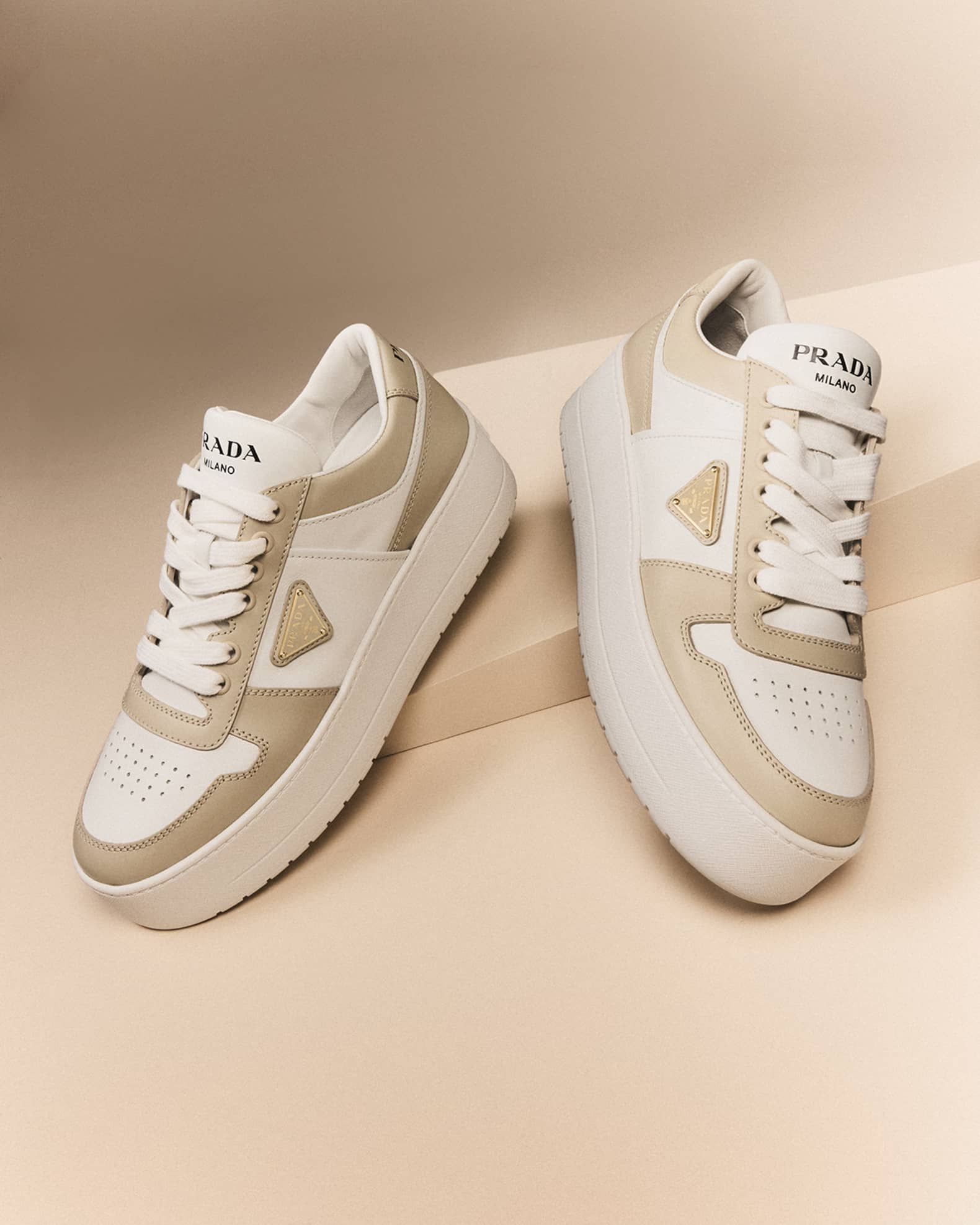 Prada Downtown Bicolor Leather Low Top Sneakers Neiman Marcus