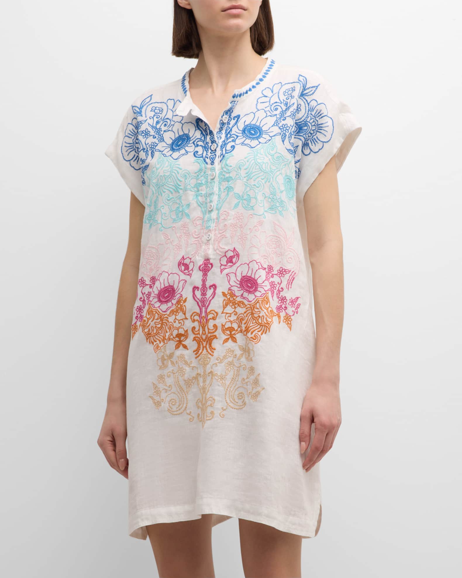 Johnny Was Mishti Floral-Embroidered Linen Mini Dress | Neiman Marcus