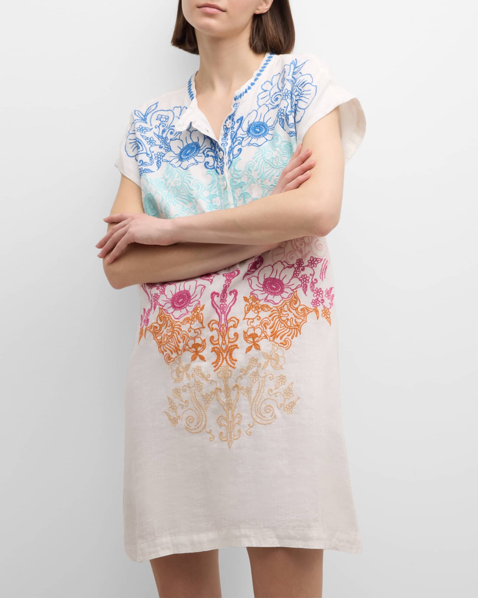 Johnny Was Mishti Floral-Embroidered Linen Mini Dress | Neiman Marcus