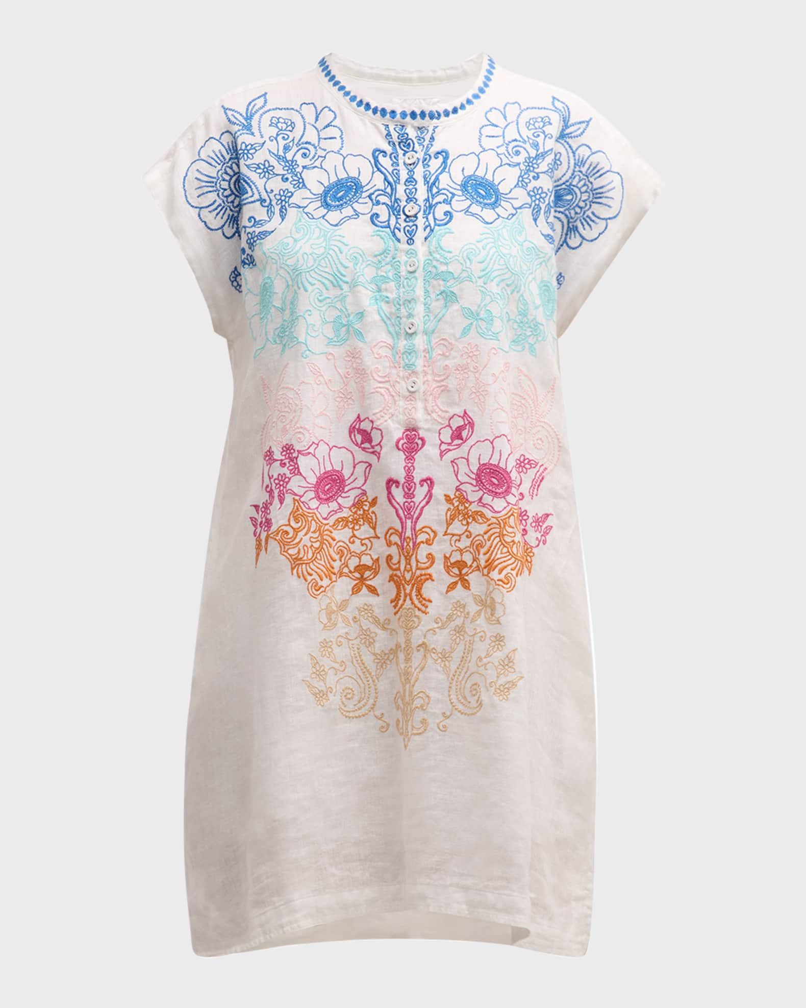 Johnny Was Mishti Floral-Embroidered Linen Mini Dress | Neiman Marcus