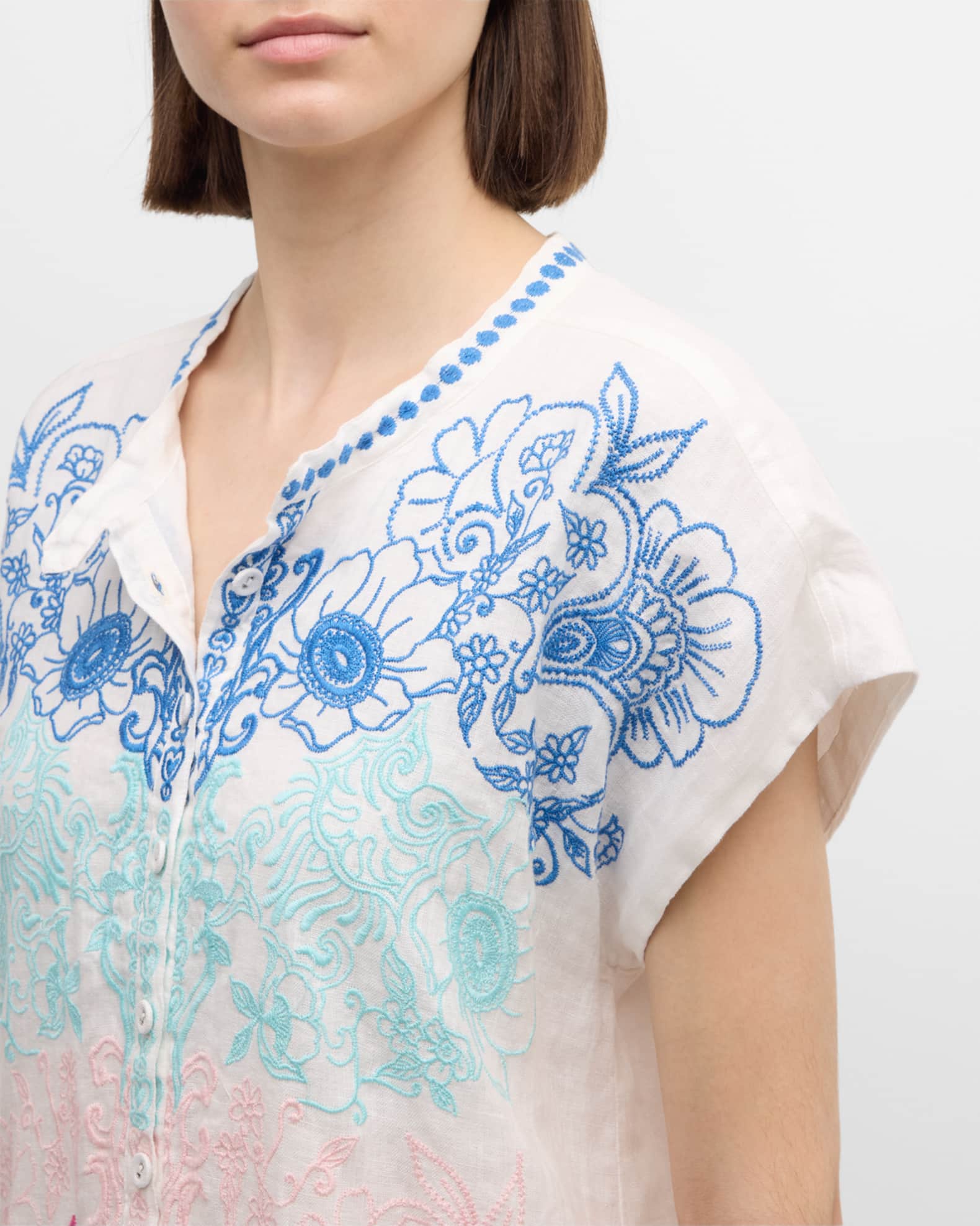 Johnny Was Mishti Floral-Embroidered Linen Mini Dress | Neiman Marcus
