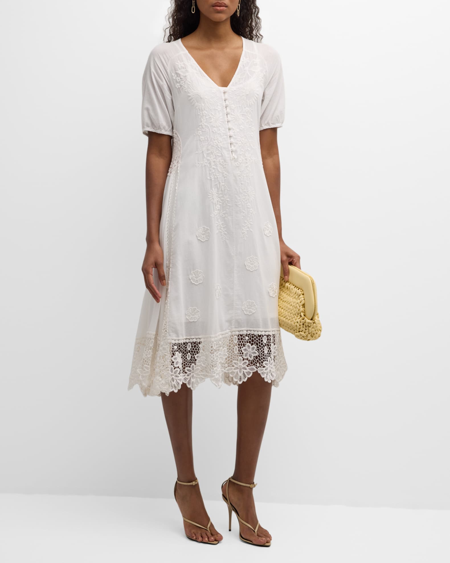 Johnny Was Isabelle Embroidered Lace-Trim Midi Dress | Neiman Marcus