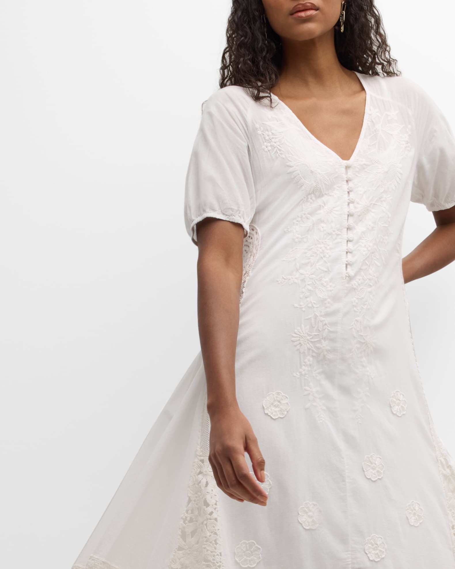 Johnny Was Isabelle Embroidered Lace-Trim Midi Dress | Neiman Marcus