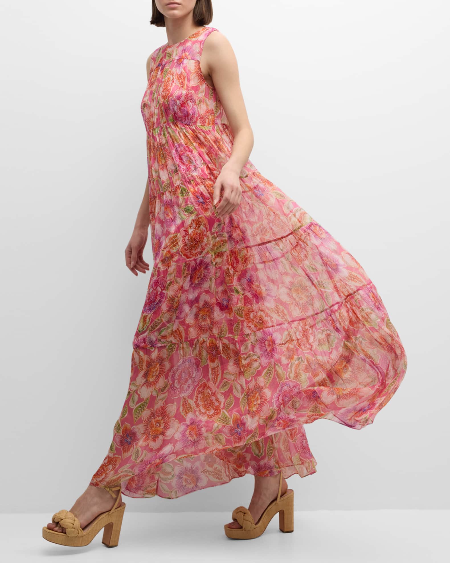 Johnny Was Logan Tiered Floral-Print Chiffon Maxi Dress | Neiman Marcus