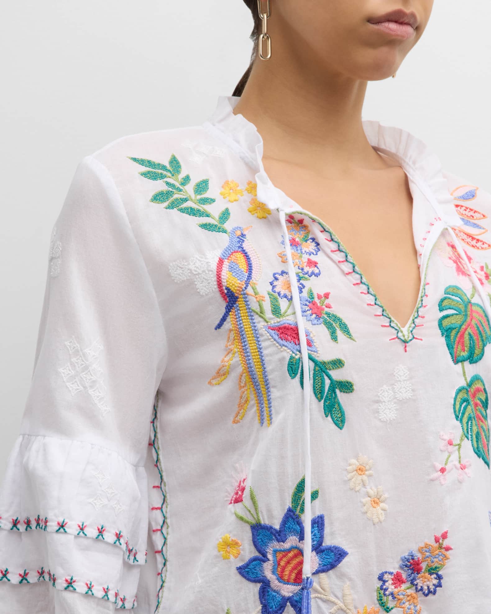 Johnny Was Floral-Embroidered Cotton Blouse | Neiman Marcus
