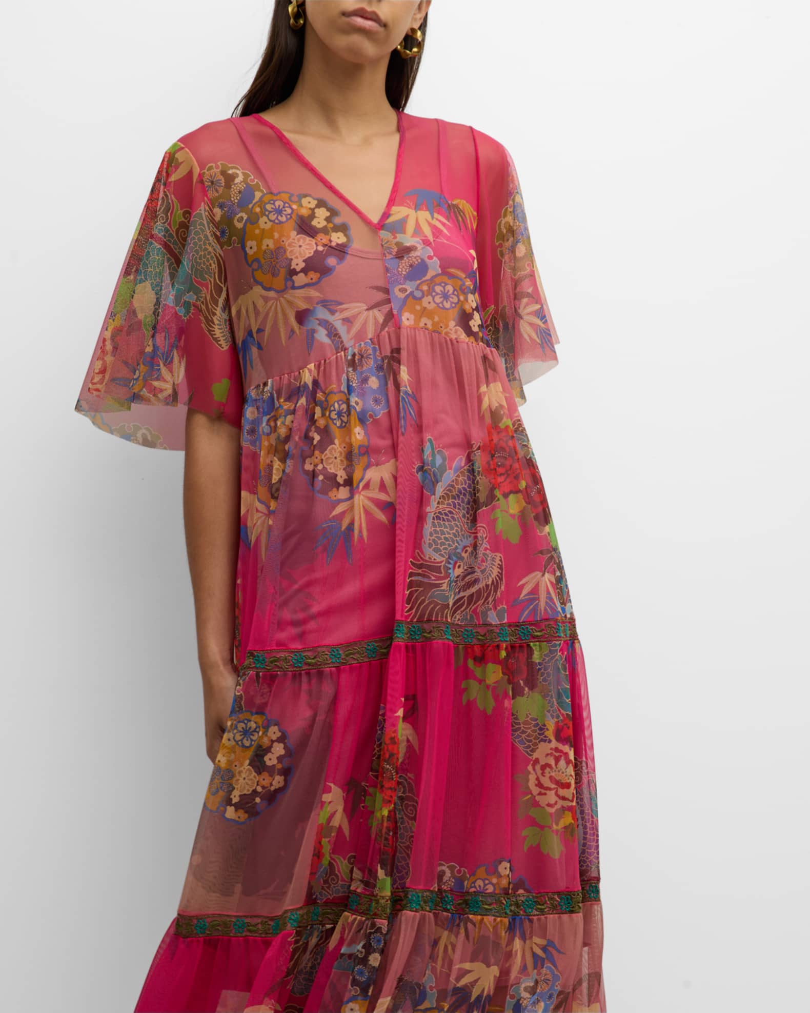 Johnny Was Mazzy Tiered Floral-Print Mesh Midi Dress | Neiman Marcus