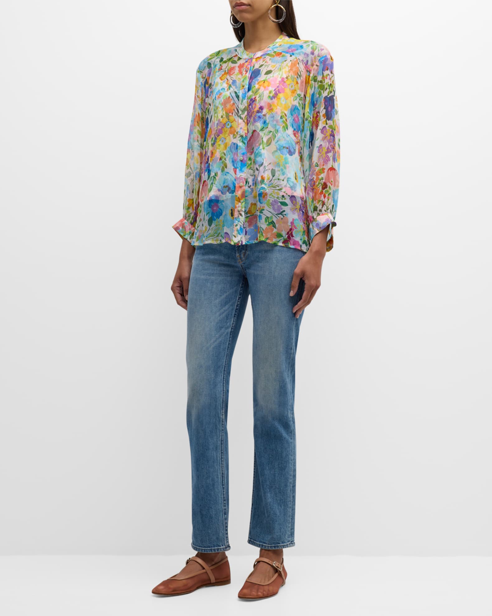 Johnny Was Hunni Floral-Print Silk Chiffon Blouse | Neiman Marcus