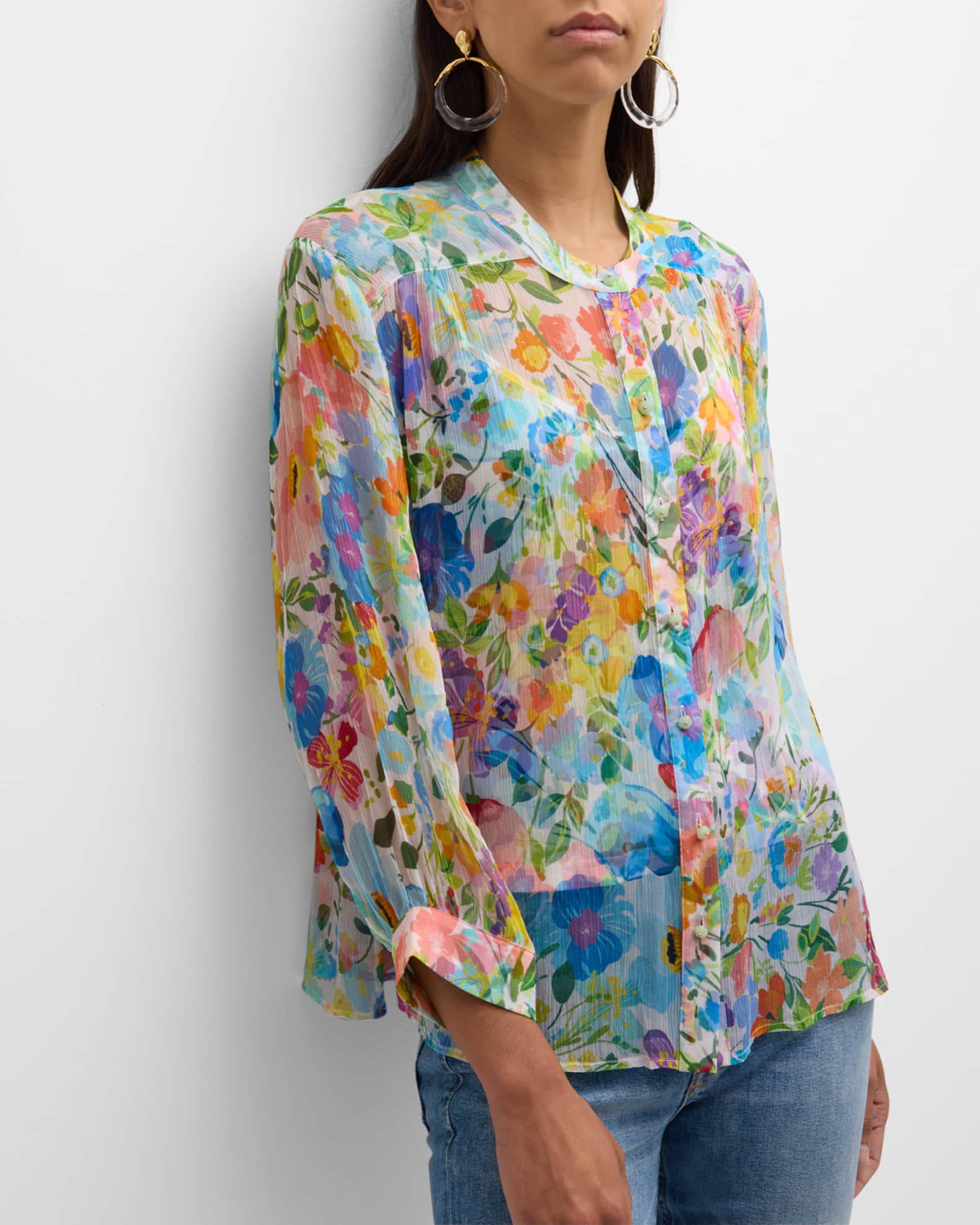 Johnny Was Hunni Floral-Print Silk Chiffon Blouse | Neiman Marcus