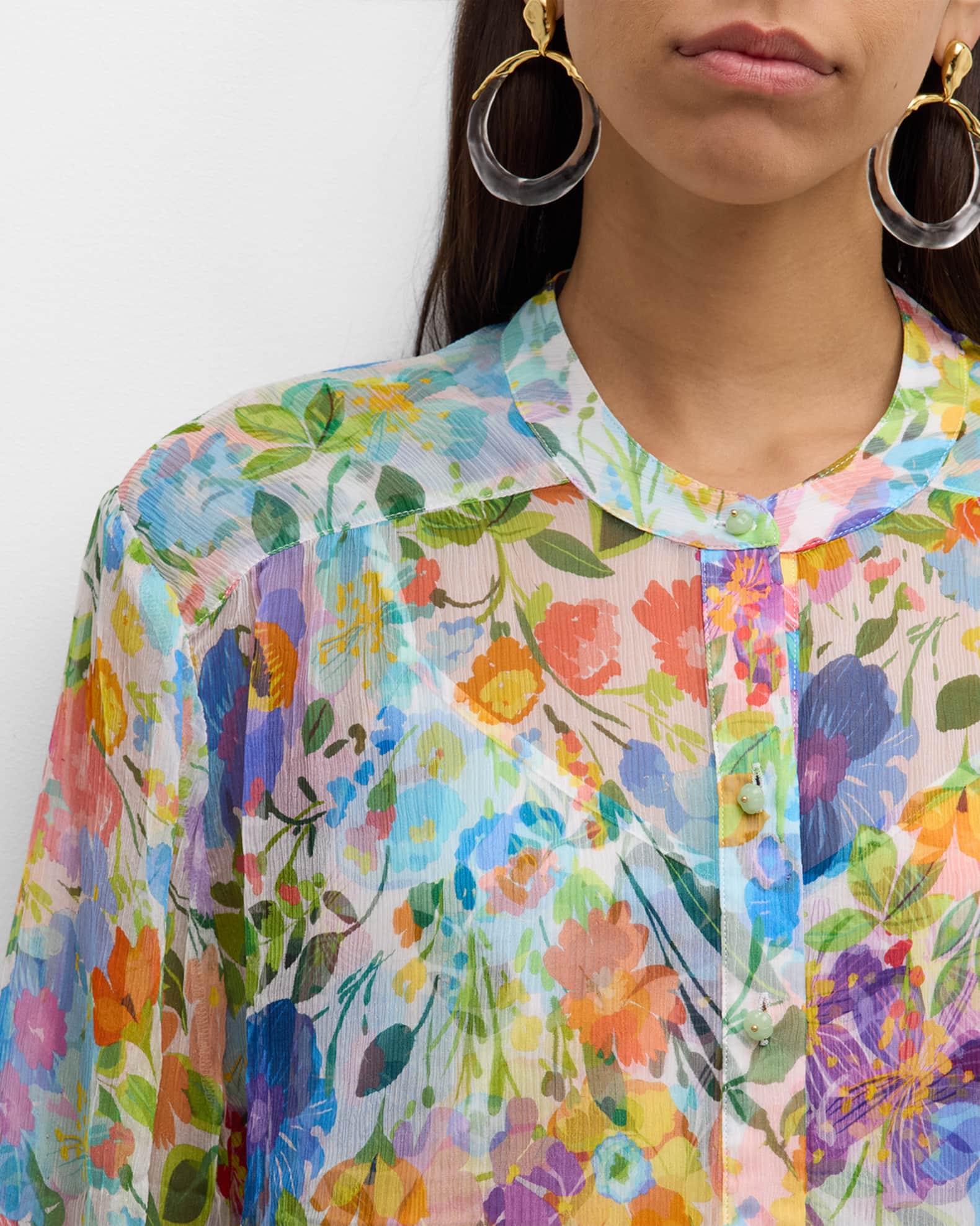Johnny Was Hunni Floral-Print Silk Chiffon Blouse | Neiman Marcus
