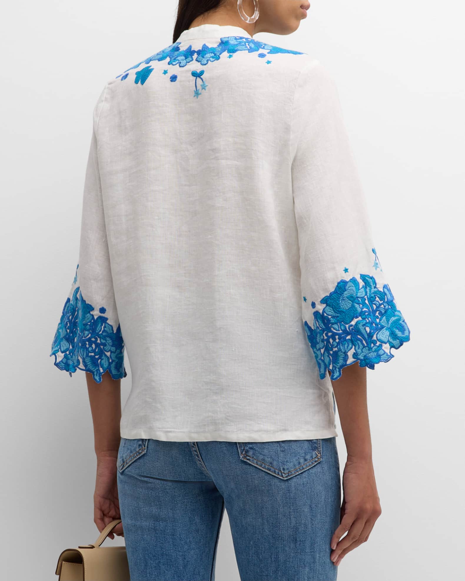 Johnny Was Elly Floral-Embroidered Linen Blouse | Neiman Marcus