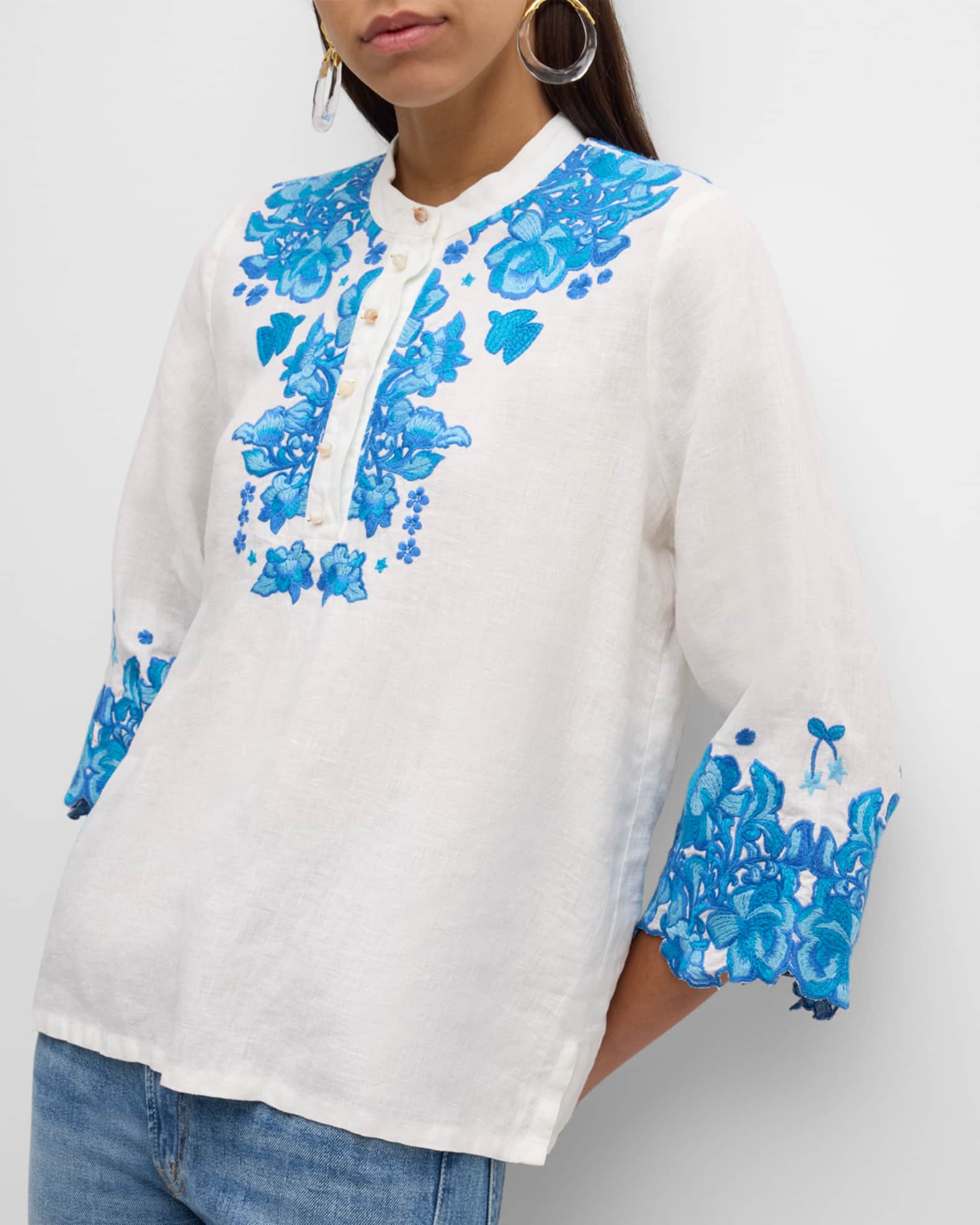 Johnny Was Elly Floral-Embroidered Linen Blouse | Neiman Marcus