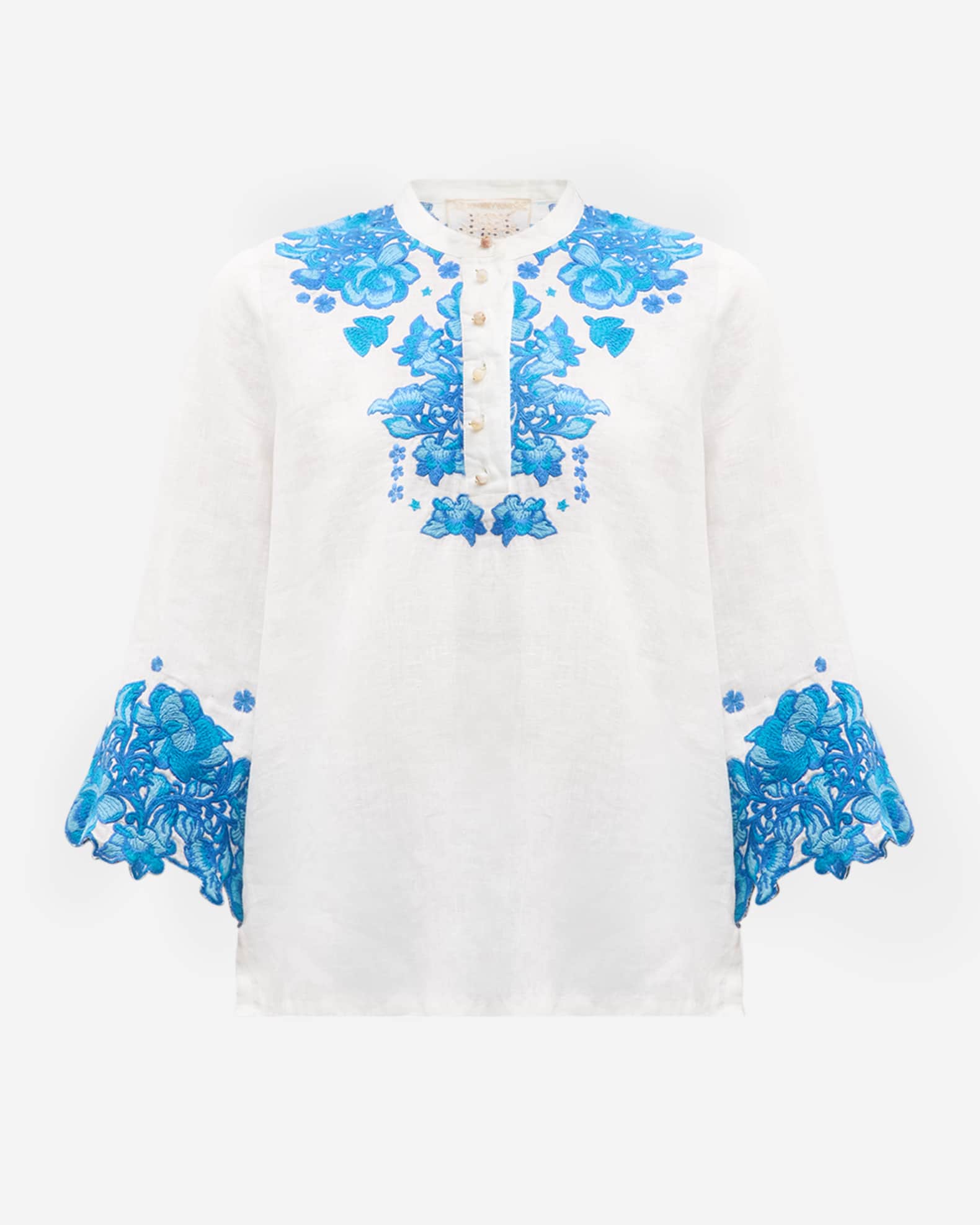 Johnny Was Elly Floral-Embroidered Linen Blouse | Neiman Marcus