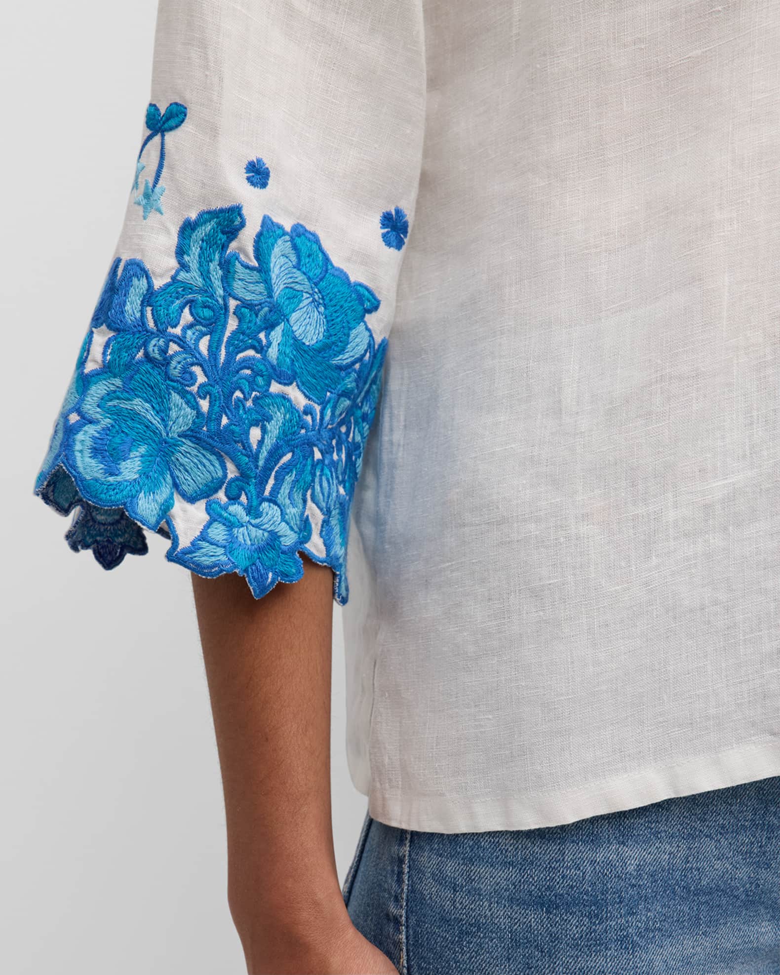 Johnny Was Elly Floral-Embroidered Linen Blouse | Neiman Marcus