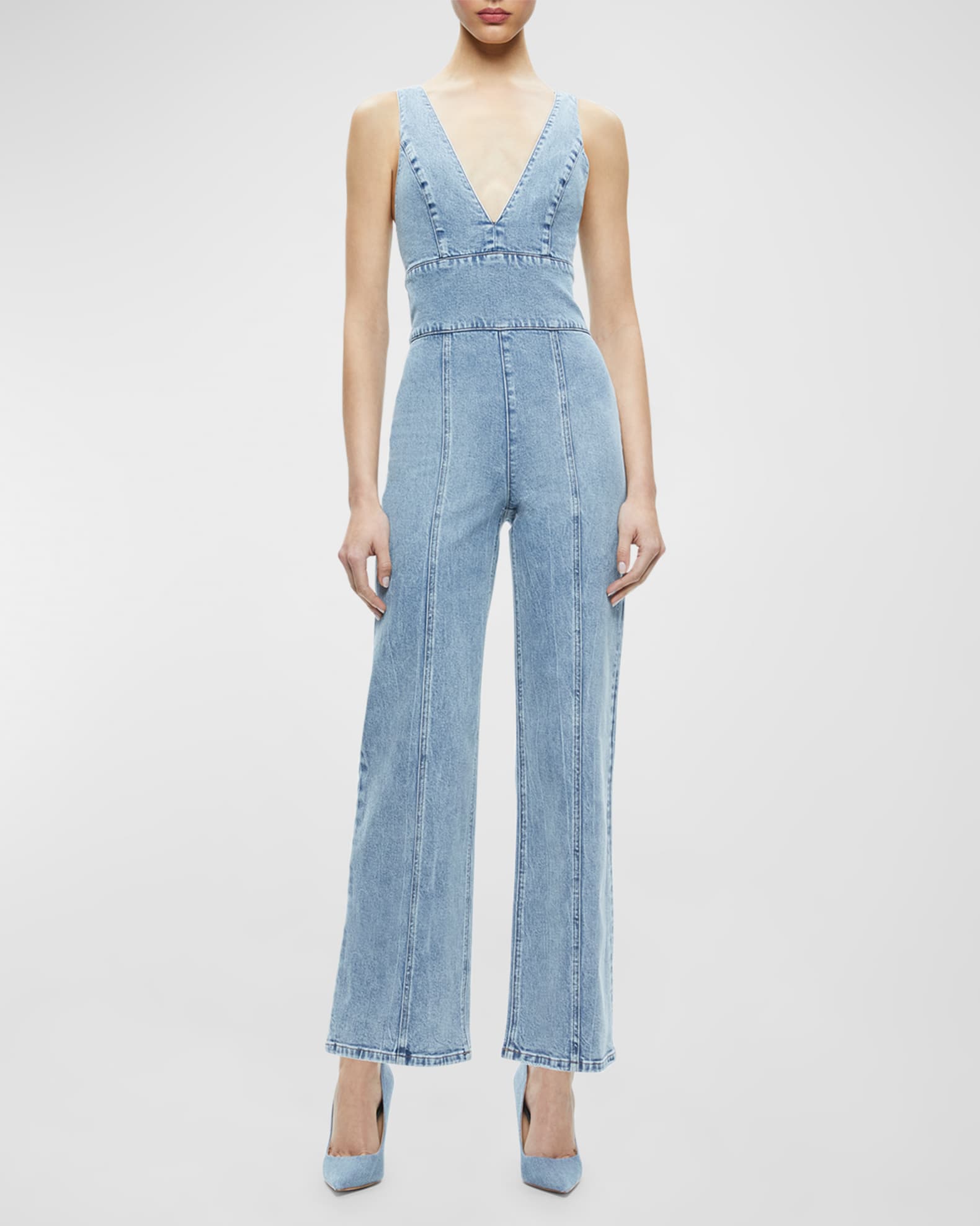 Alice + Olivia Sandra Deep V-Neck Denim Jumpsuit | Neiman Marcus