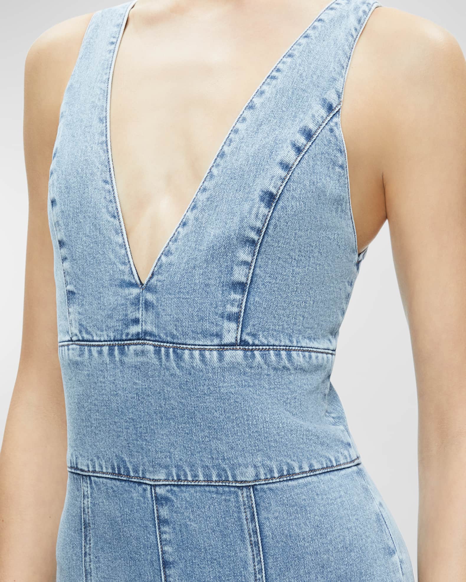 Alice + Olivia Sandra Deep V-Neck Denim Jumpsuit | Neiman Marcus