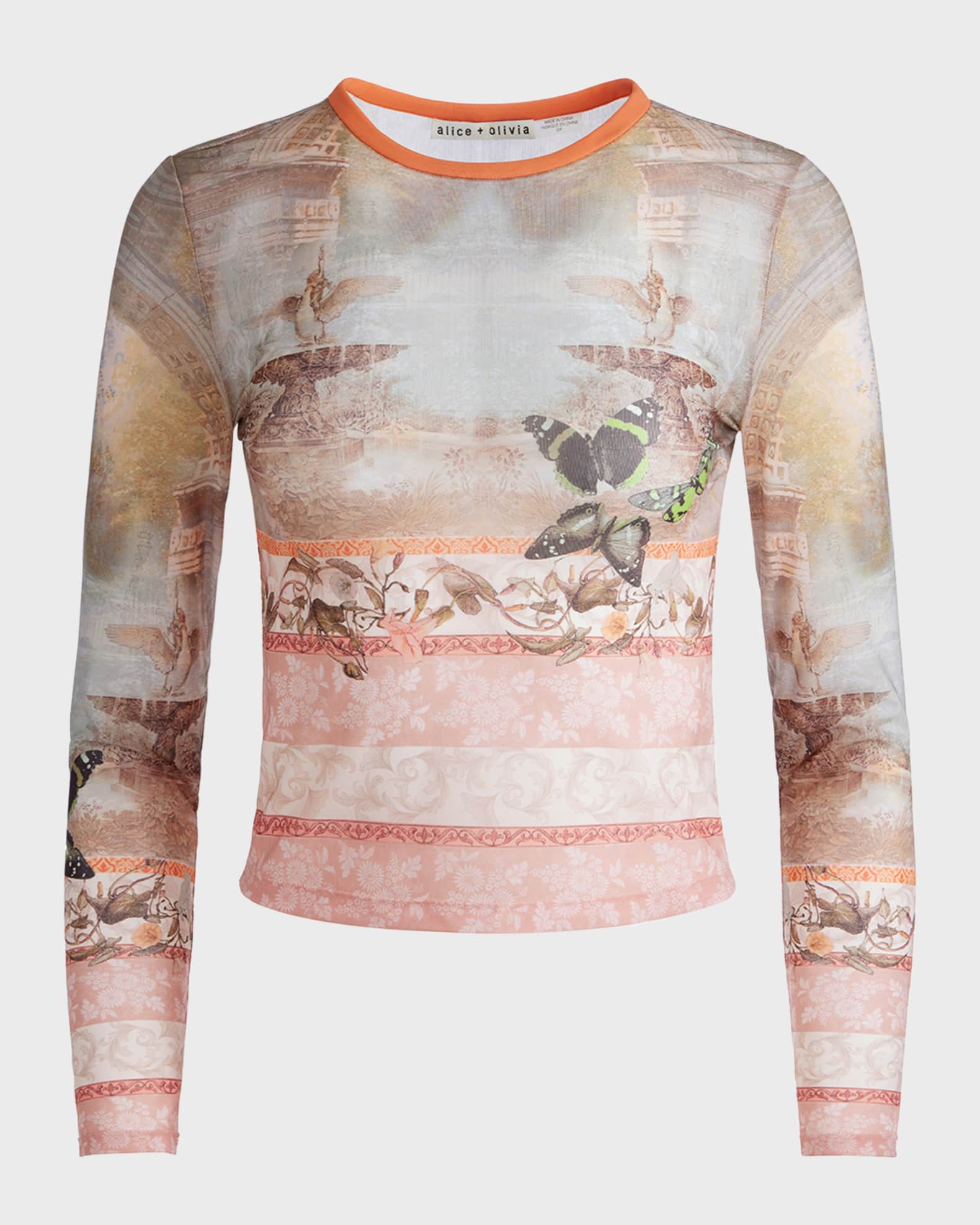 Alice + Olivia Delaina Printed Mesh Long-Sleeve Crop Top | Neiman Marcus