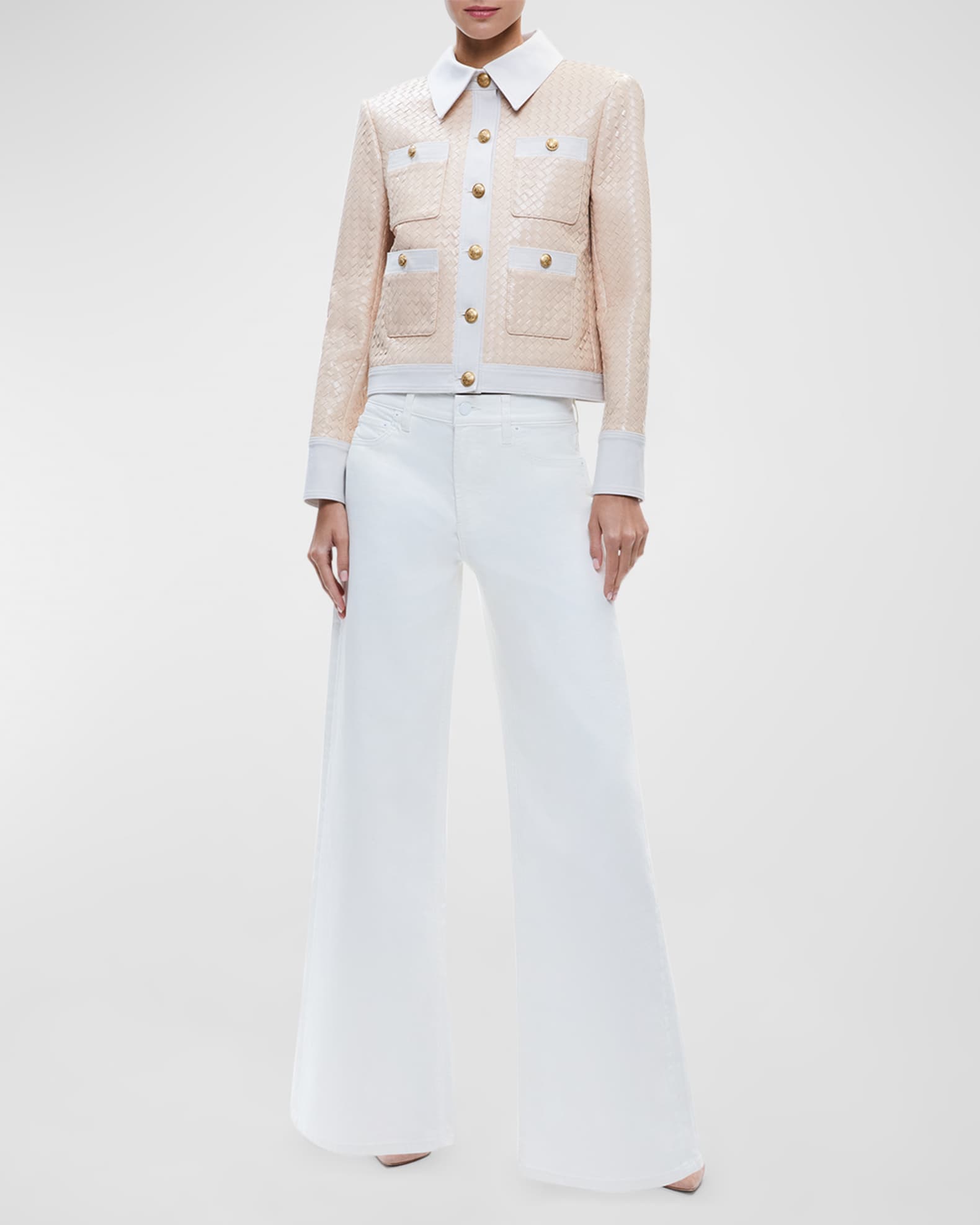 Alice + Olivia Kinley Woven Vegan Leather Jacket | Neiman Marcus