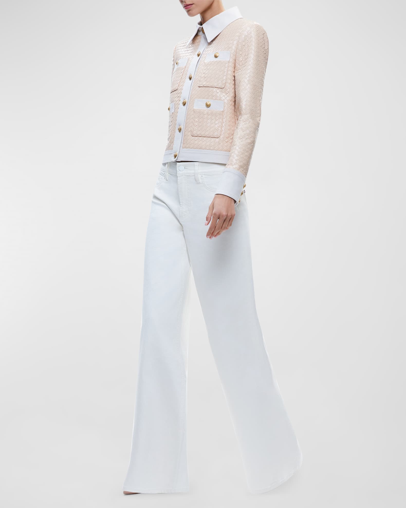 Alice + Olivia Kinley Woven Vegan Leather Jacket | Neiman Marcus