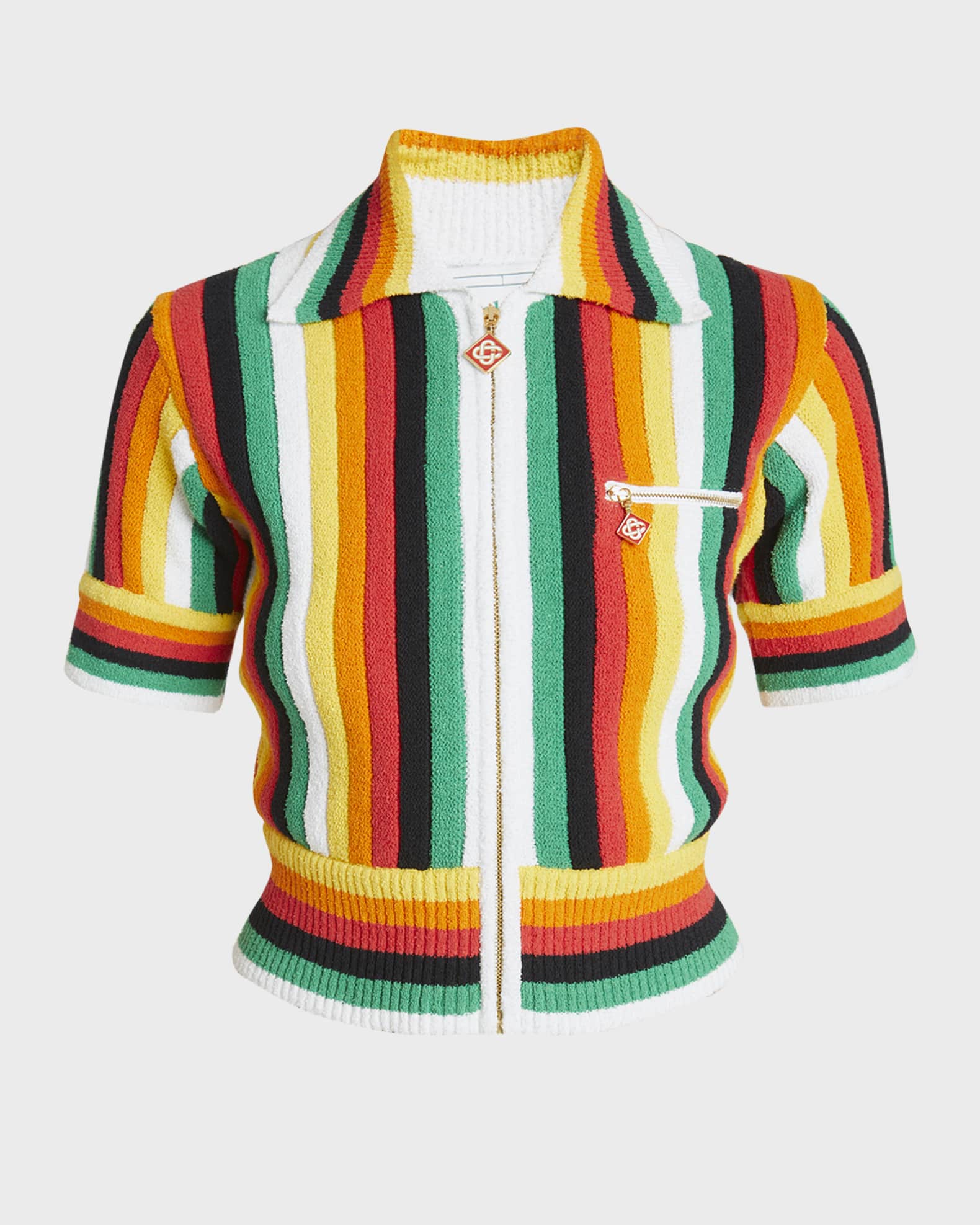 CASABLANCA Striped Towelling Short-Sleeve Zip-Front Top | Neiman Marcus